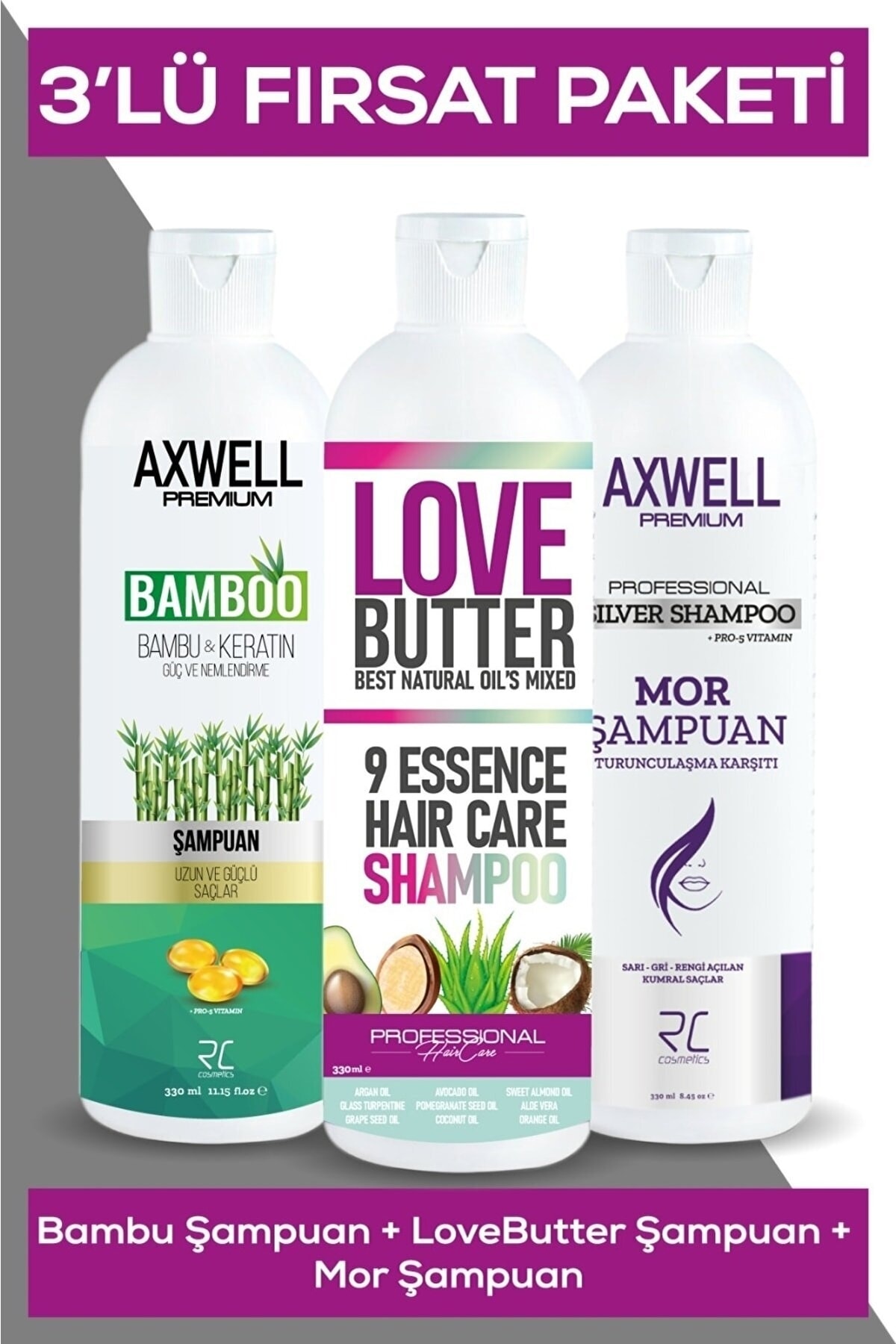 AXWELL PREMIUM 3'lü Bambu & Keratin, 9 Özlü Şampuan, Mor Şampuan ...