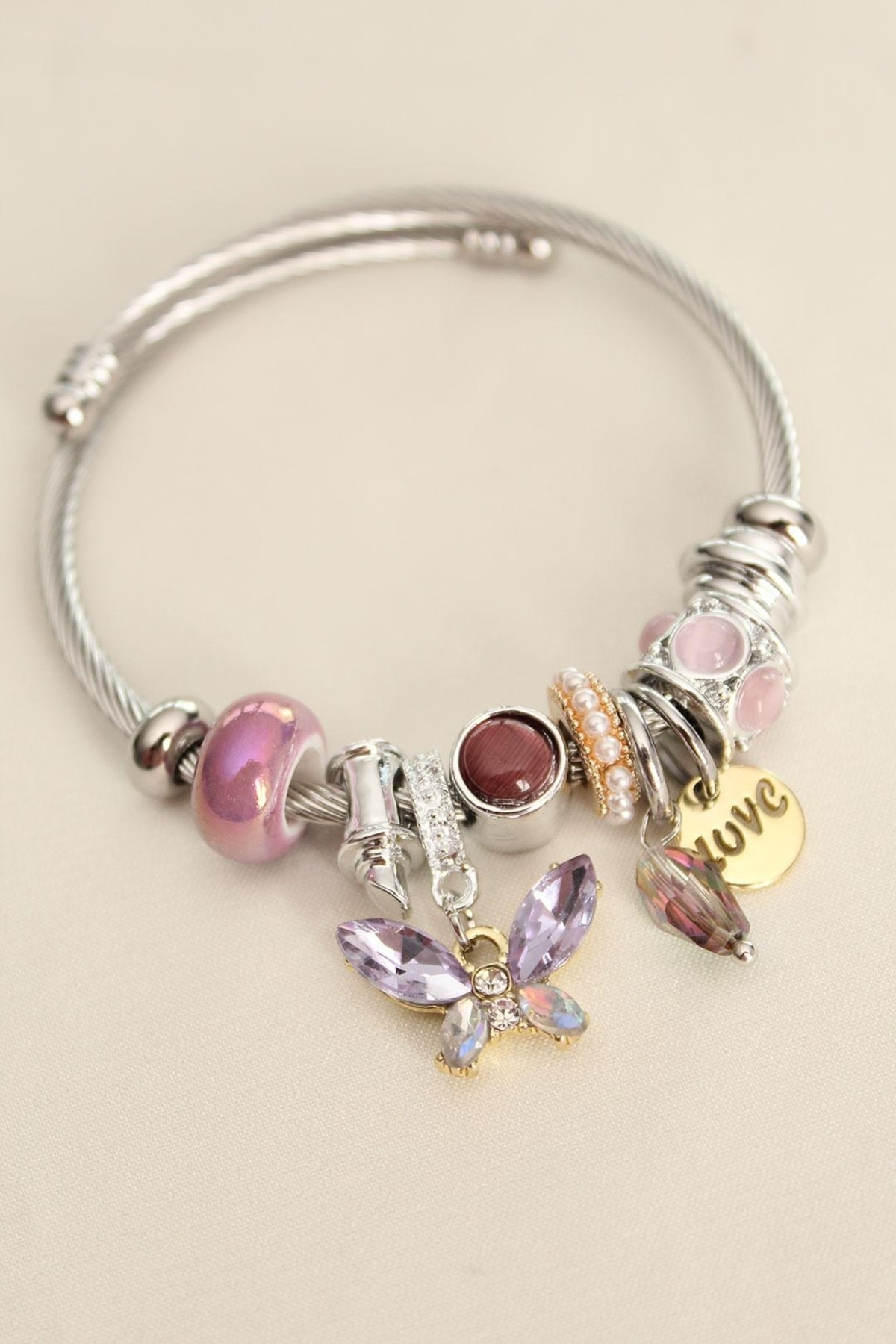 Simay Aksesuar Çelik Charm Bileklik Kristal Taş Kelebek Figürlü ...