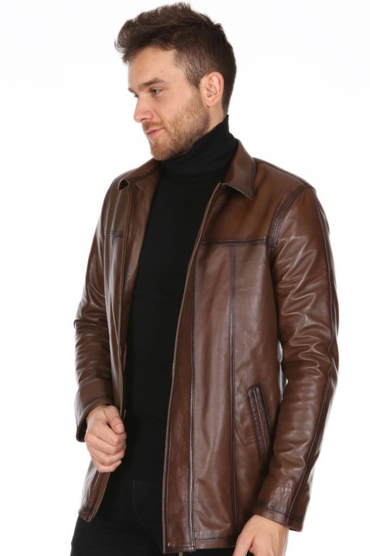 Derimont's Hakiki Kuzu Derisi Kahverengi Gömlek Yaka Uzun Erkek Deri ...