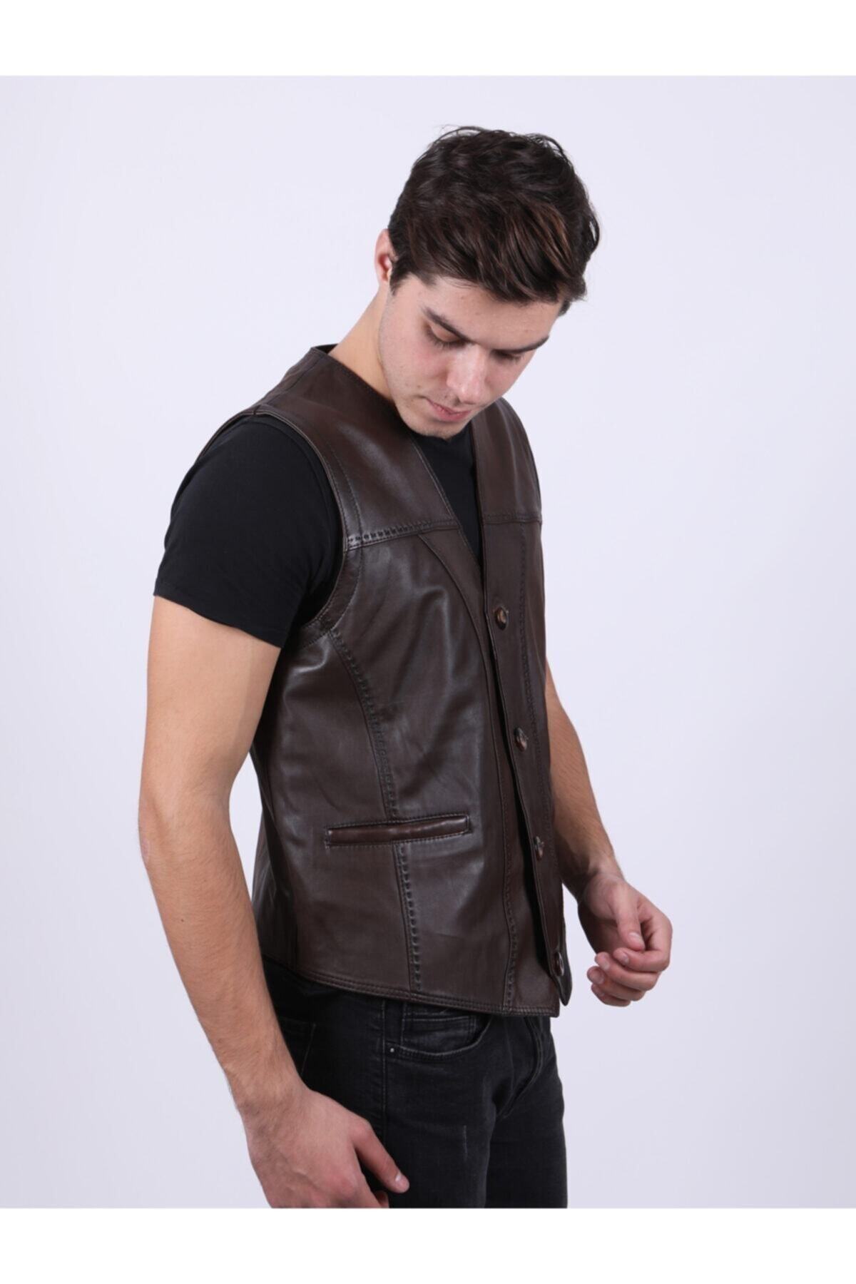 Zamano Deri Hakiki Deri Siyah Dikiş Detaylı Düğmeli Erkek Deri Yelek ...