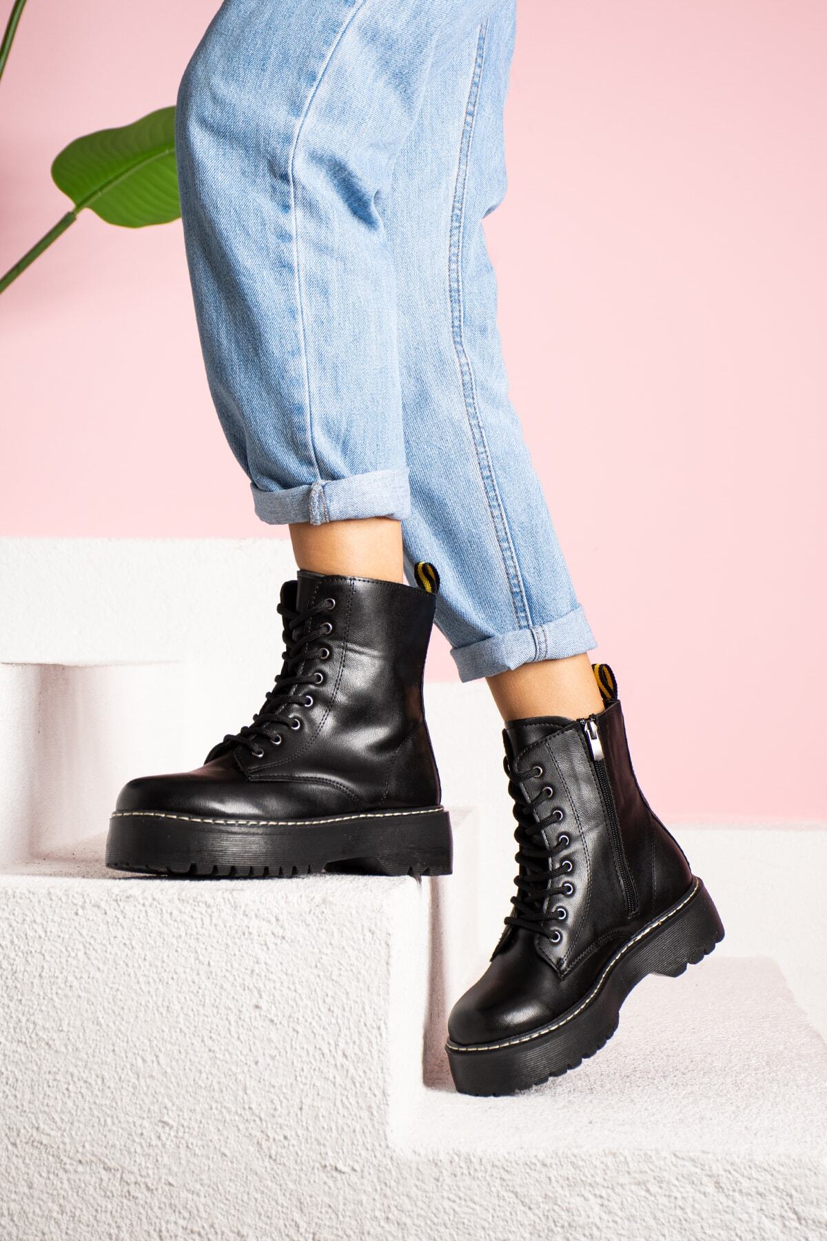 Genel Markalar Siyah Yüksek Taban Dikişli Kadın Postal Bot Fiyatı ...