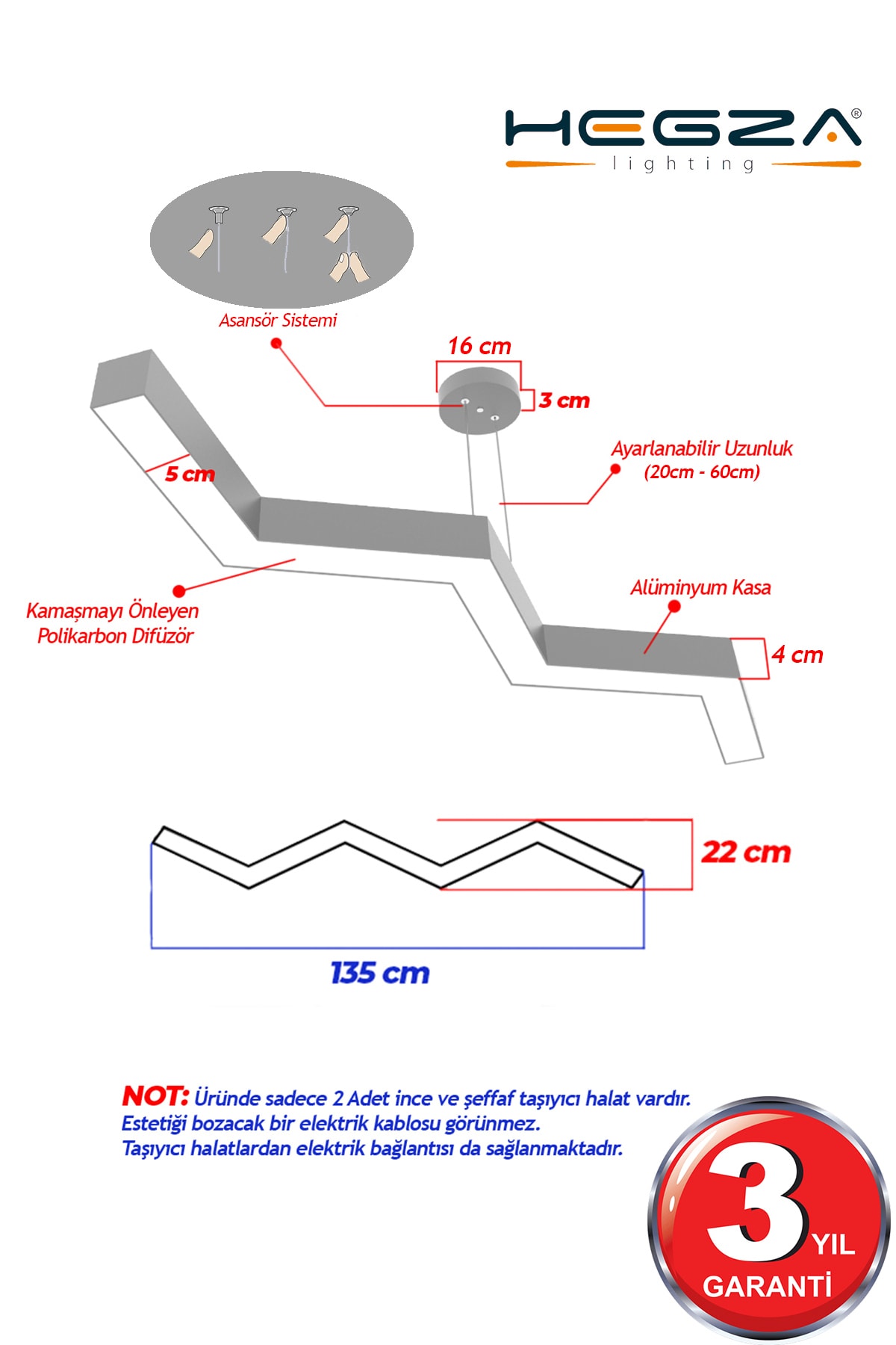 Hegza Lighting Zigzag ( Gri Kasa, Beyaz Işık ) Ledli Modern Led Avize, Salon, Mutfak, Oturma ...