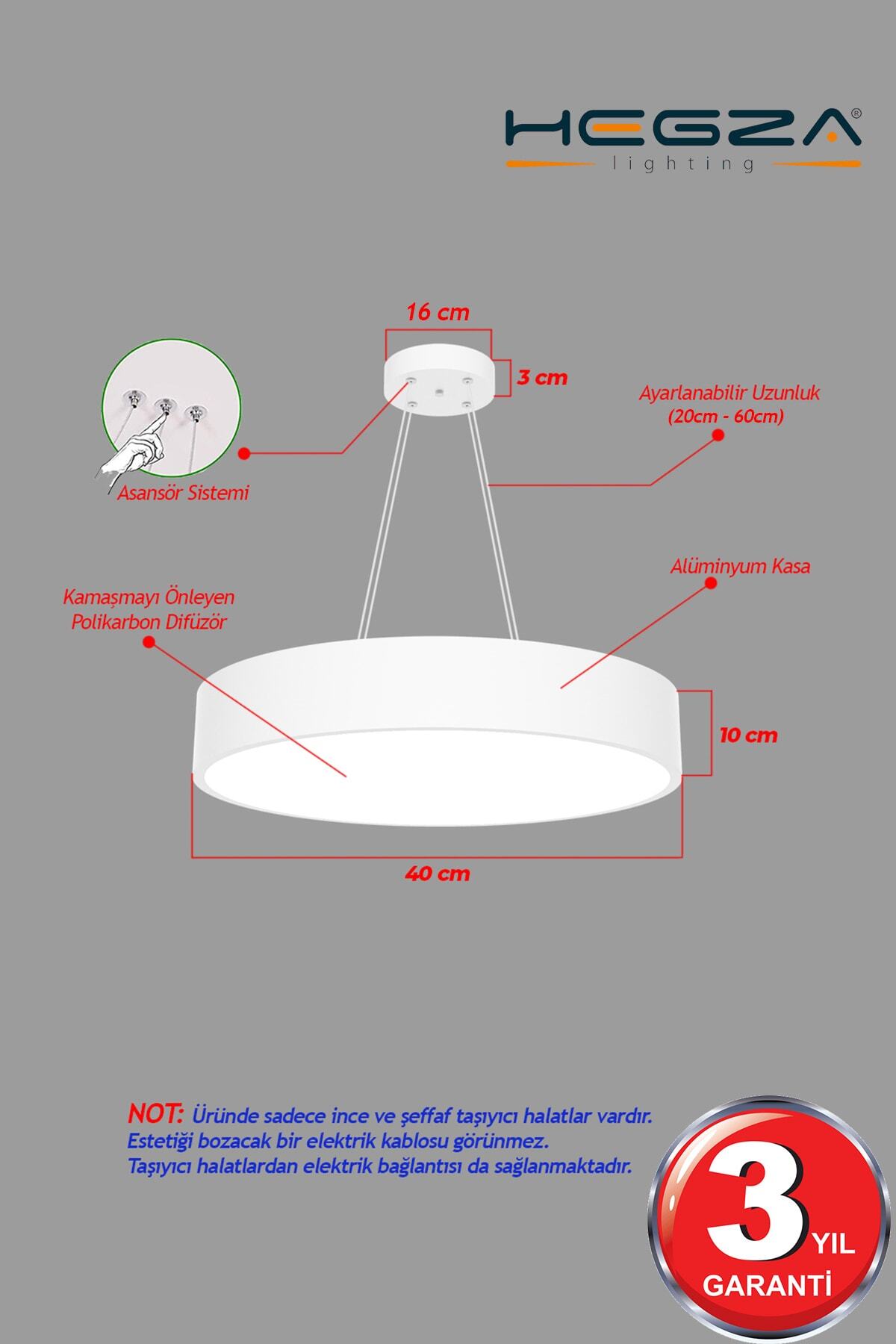 Hegza Lighting Drum 40cm (BEYAZ KASA, BEYAZ İŞIK) Ledli Modern Led Avize, Salon, Mutfak, Oturma ...