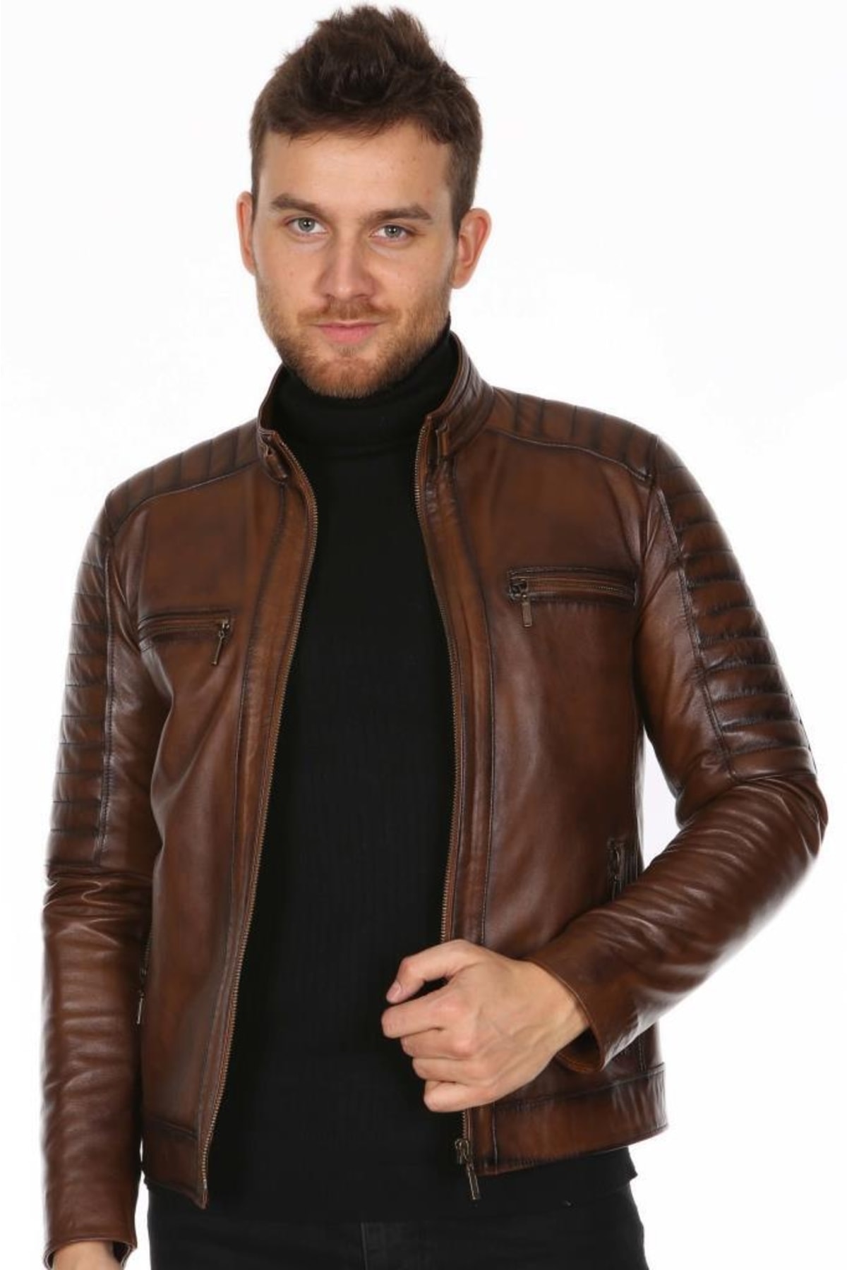 Derimont's Hakiki Deri Kahverengi Fermuarlı Spor Erkek Deri Ceket ...