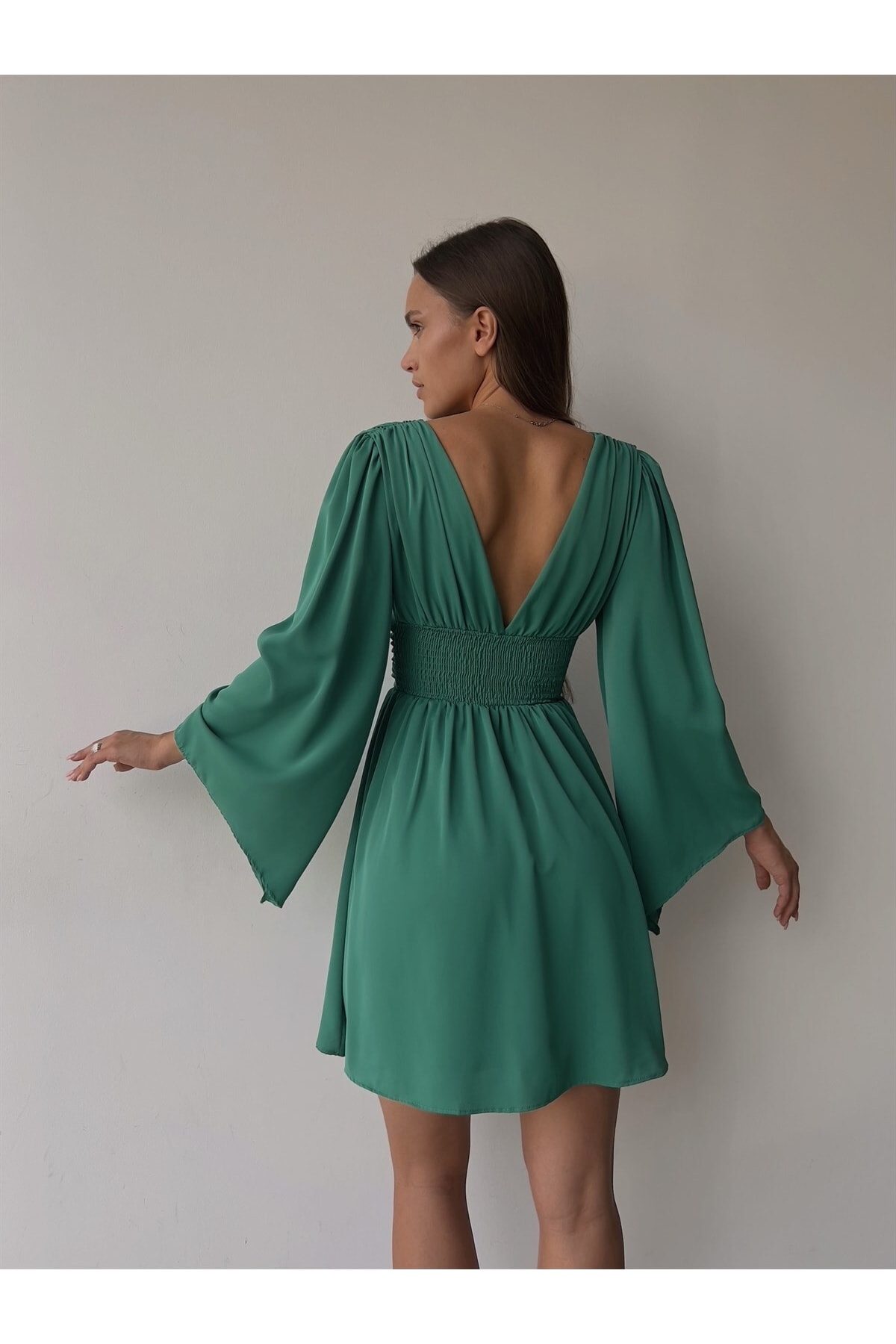 munora butik Sırtı V Dekolteli Ispanyol Kol Yeşil Elbise Fiyatı ...