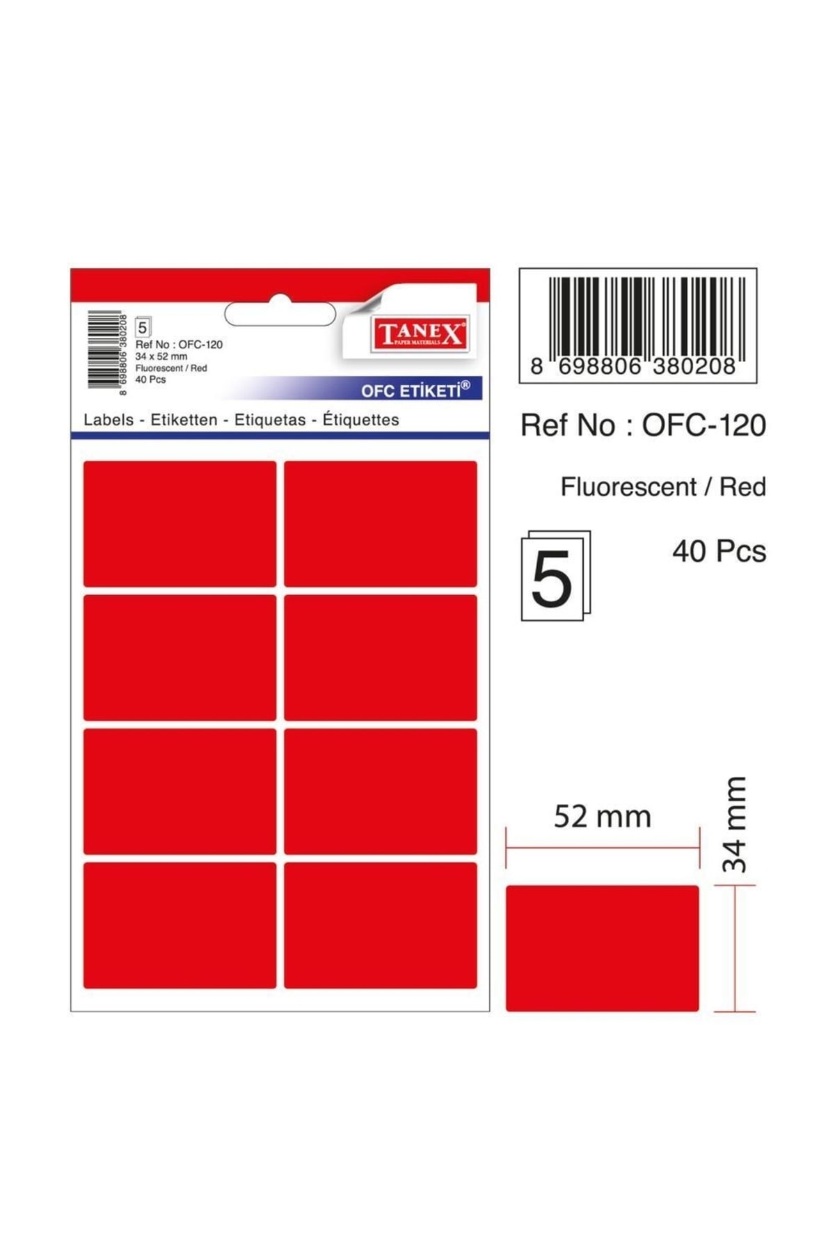 Tanex Ofis Etiketi Flo Kırmızı 5 Ad. Ofc 120 10'lu Paket / Tanex ...