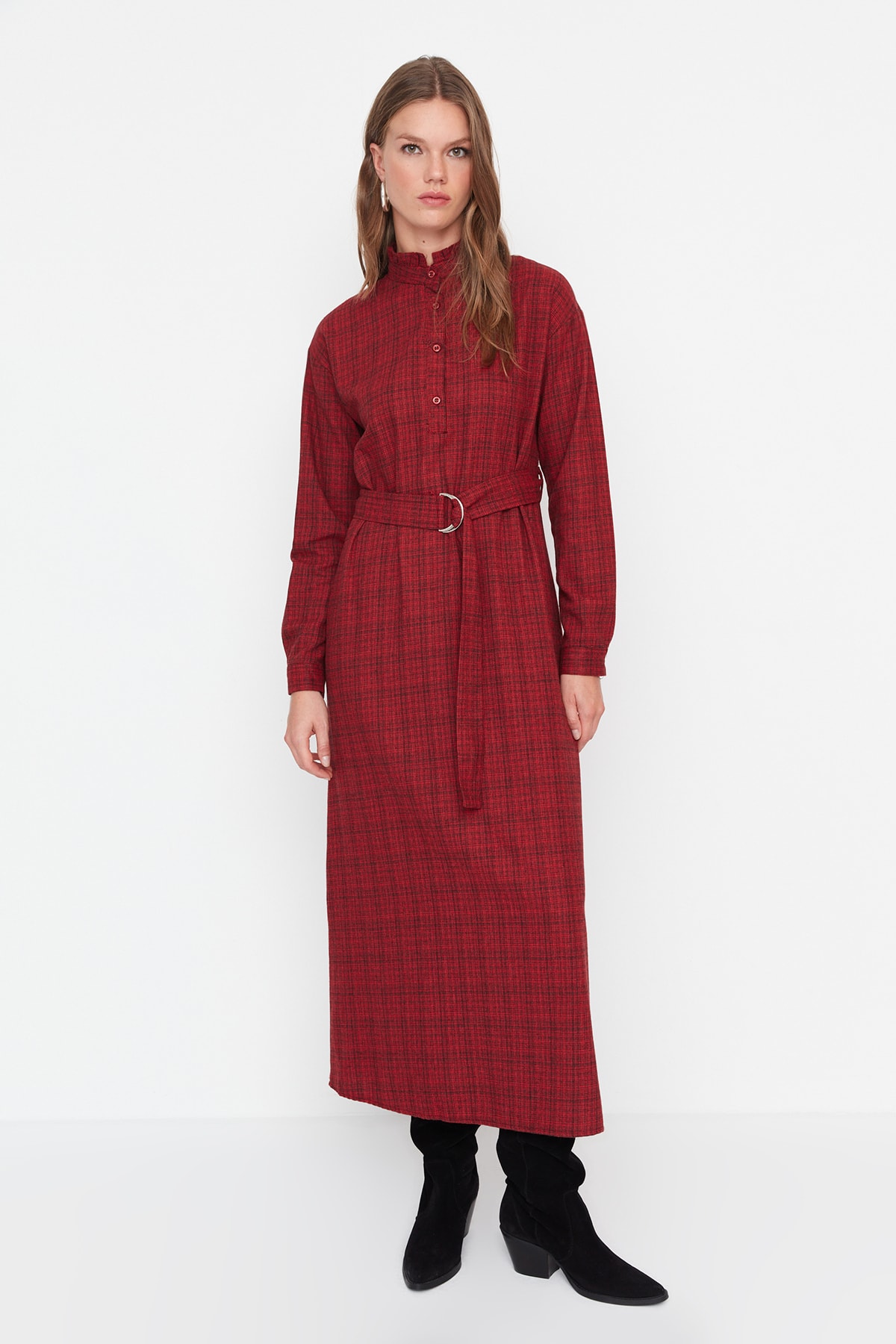 TRENDYOL MODEST Burgundy Stand Collar Belted Shirt Woven Dress ...