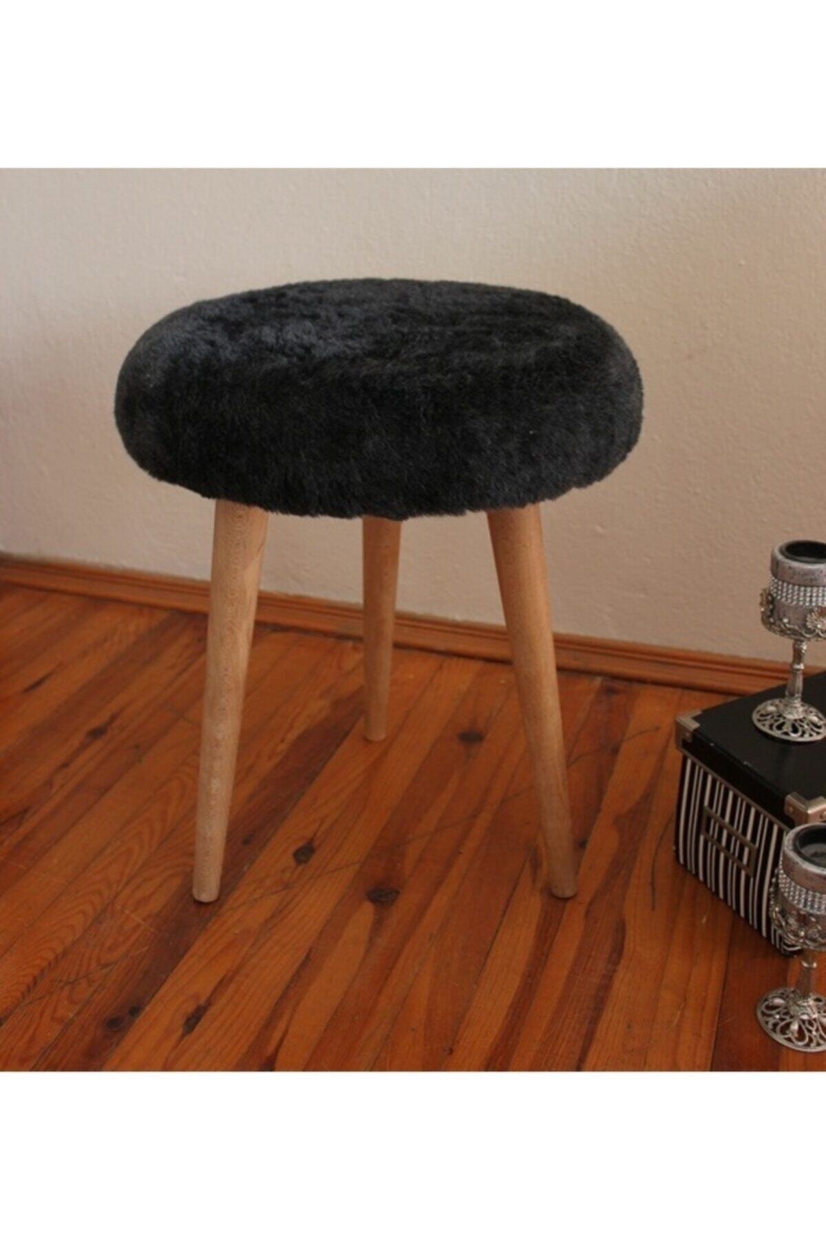Neta Trade Elissa Ahşap Ayak Dekoratif Antrasit Siyah Peluş Puf Tabure ...