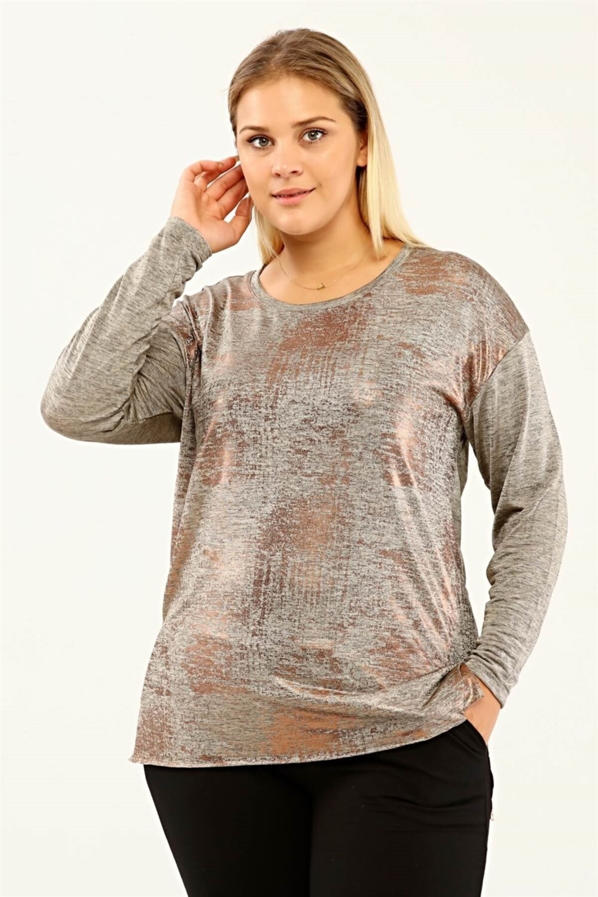 Seamoda Uzun Kollu Sim Baskı Detaylı Rahat Büyük Beden Kadın Bluz ...