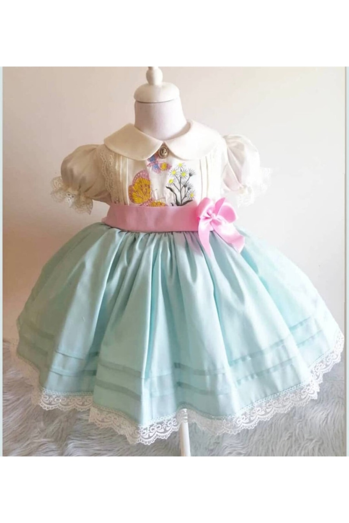 Hly Karol Tasarım Mint Pembe Kemerli Nakışlı Kız Bebek Elbisesi Özel ...
