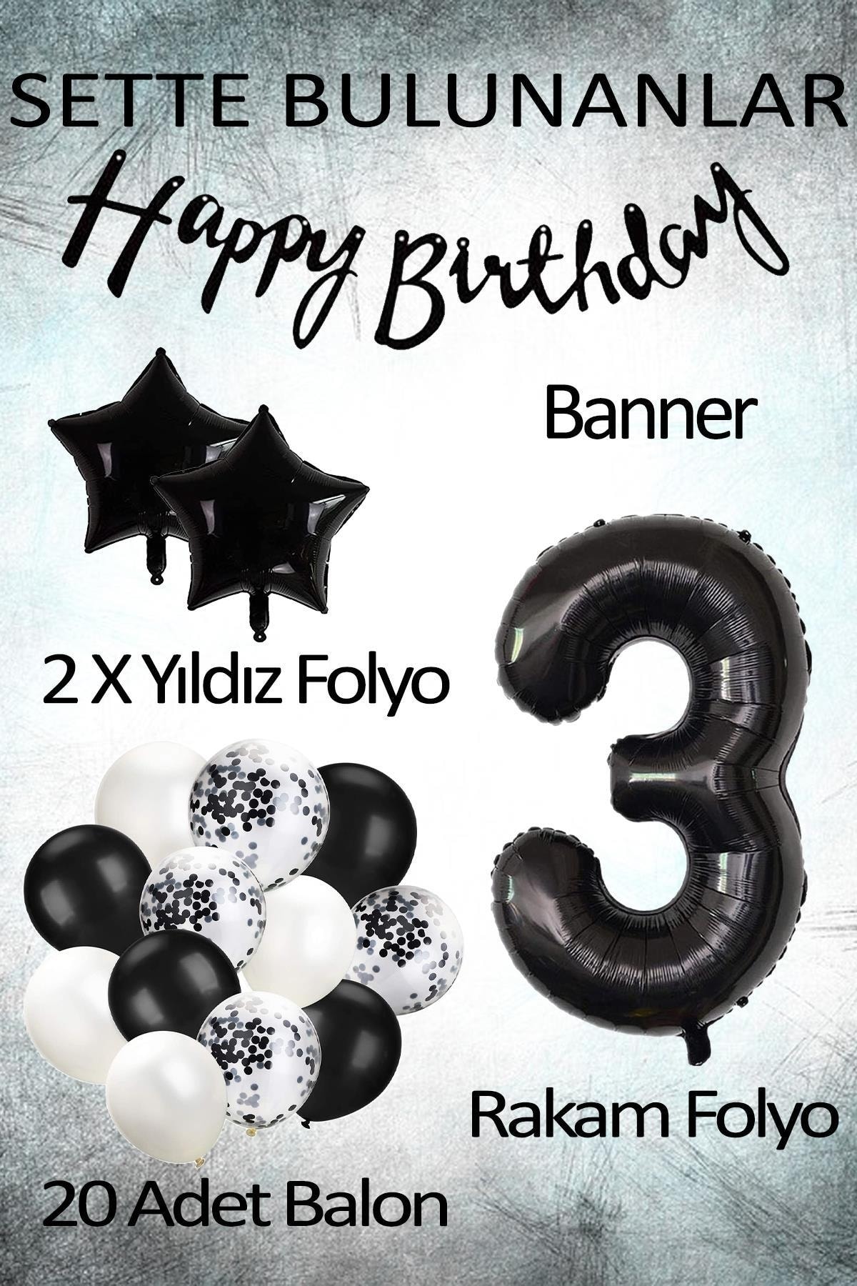 Patladı Gitti Siyah Konsept 3 Yaş Doğum Günü Kutlama Seti; Beyaz Siyah Konfetili Balon, Rakam ...
