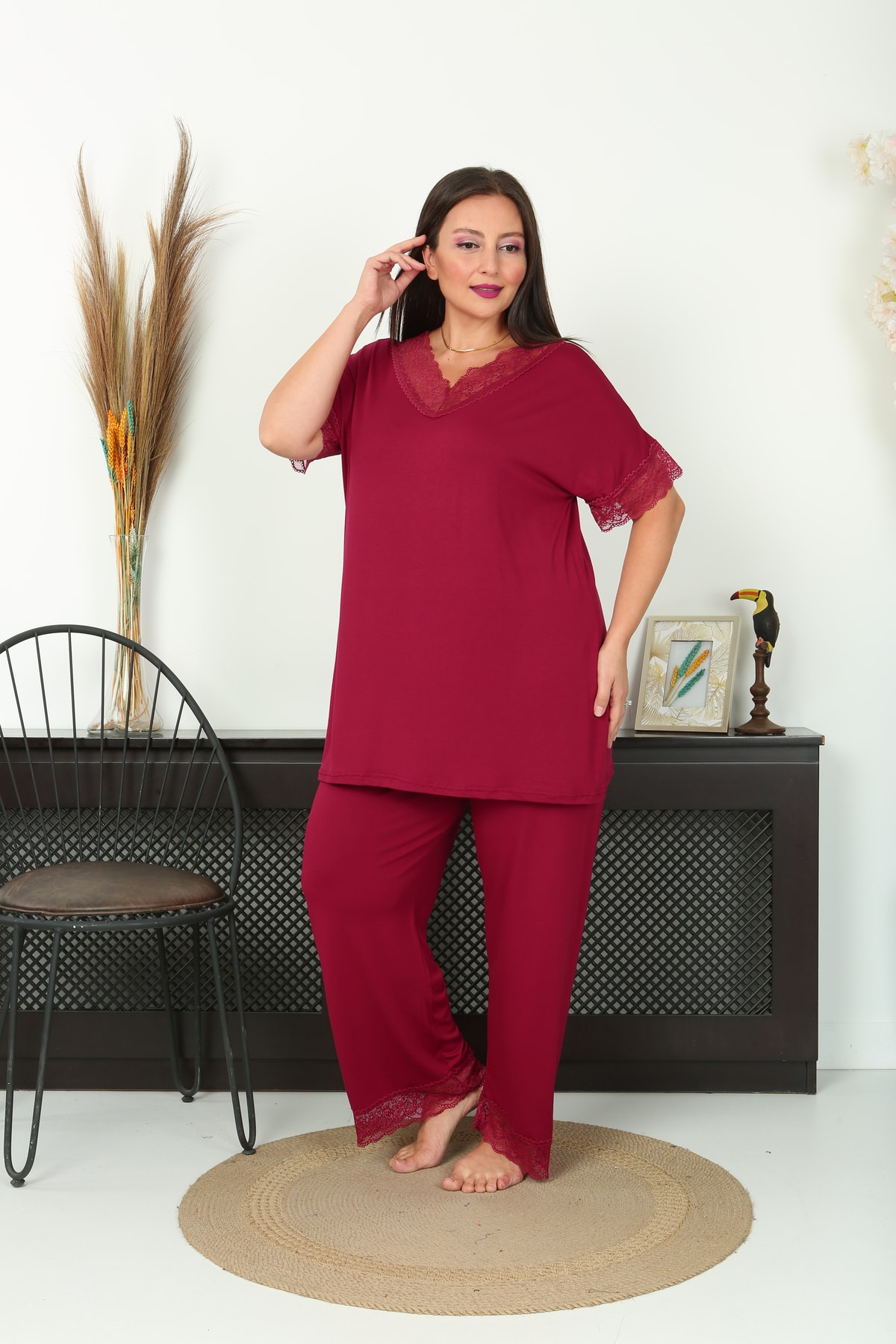 XL Modam Women's Plus Size Claret Red Pajama Set- Trendyol