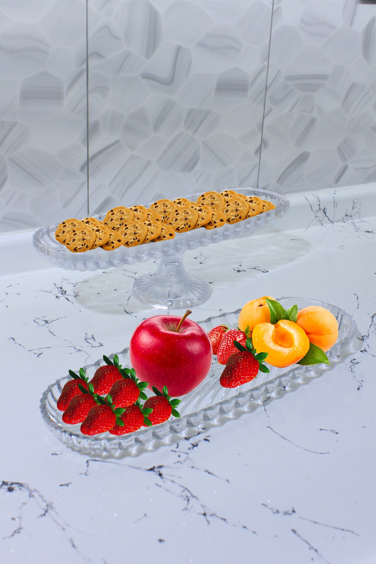 MAY HOME Ayaklı Cam Tabak Ve Sade Tabak Sunumluk Servislik Seti & Kahvaltı Meyve Tatlı Kurabiye ...