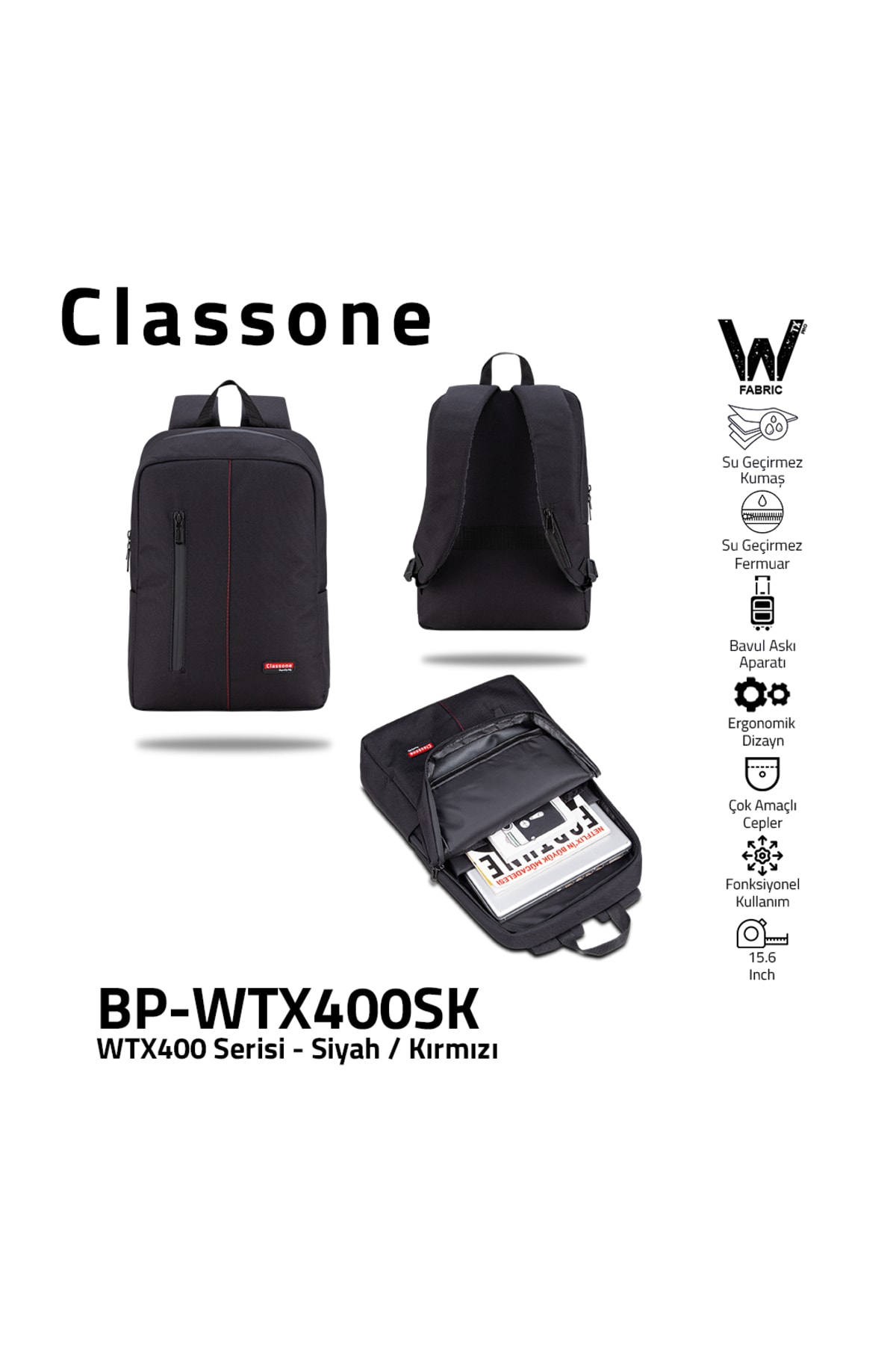 Classone BP-WTX400SK 15,6" Su Geçirmez Kumaş Ve Fermuar ,notebook ...