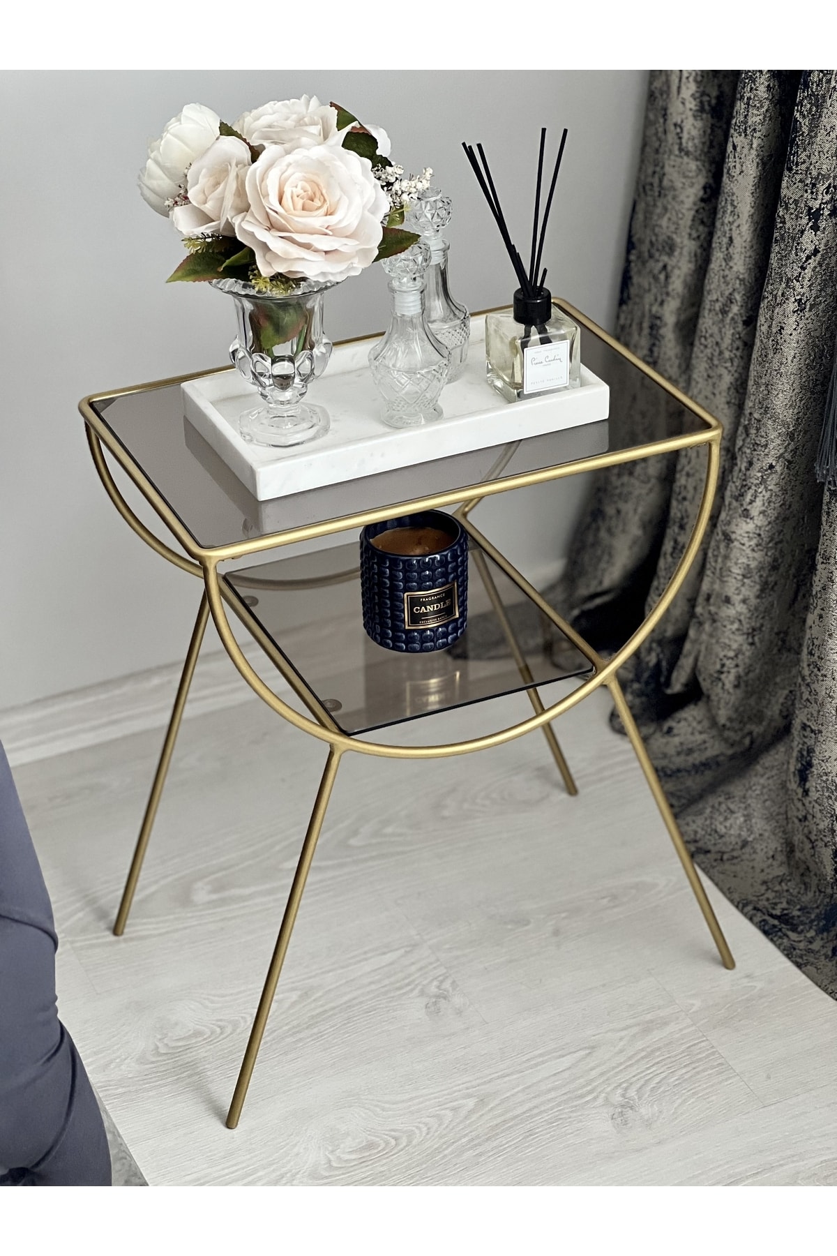 AssuCasa Pars Metal Camlı Yan Sehpa Gold-bronz - Fiyatı, Yorumları