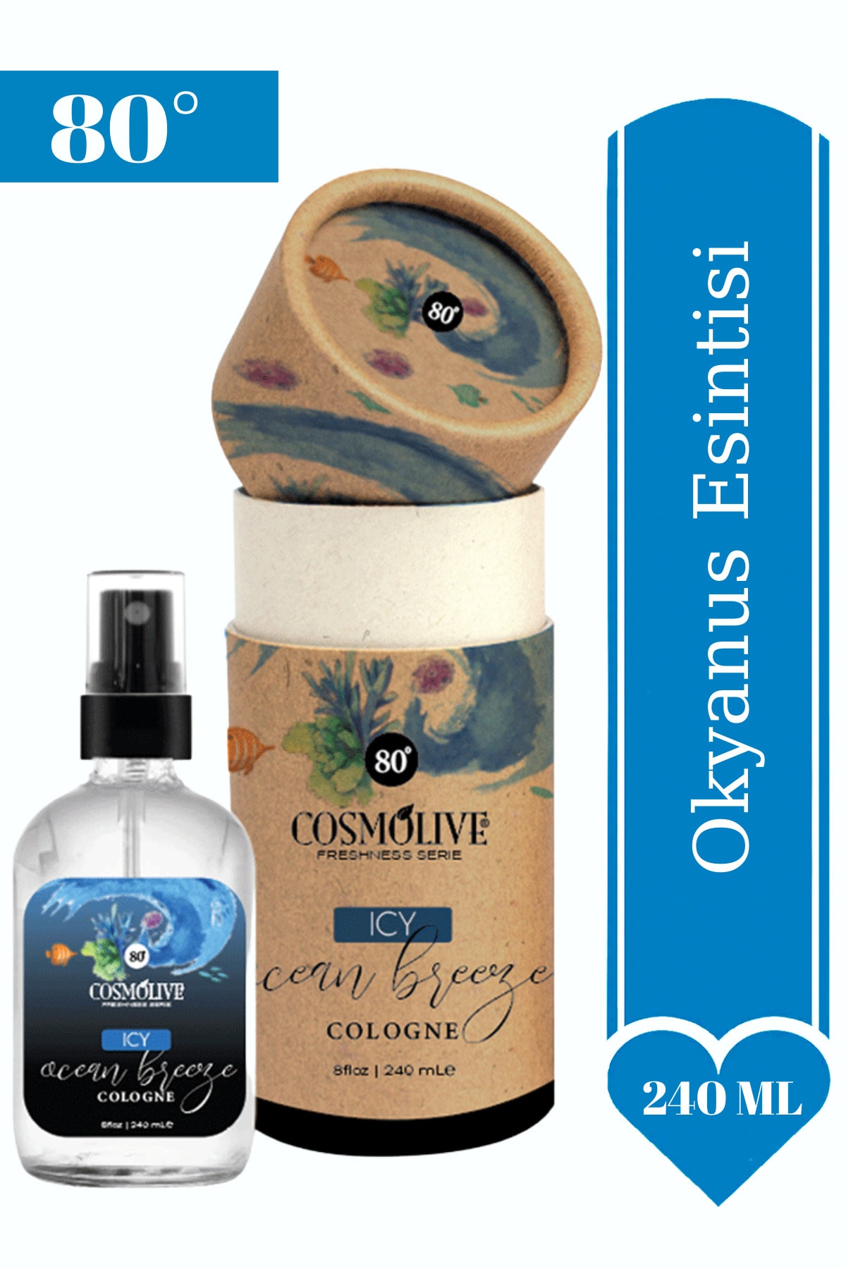 Cosmolive Okyanus Esintisi 80° Kolonya Spreyli, Cam Şişe, Özel Kraft ...