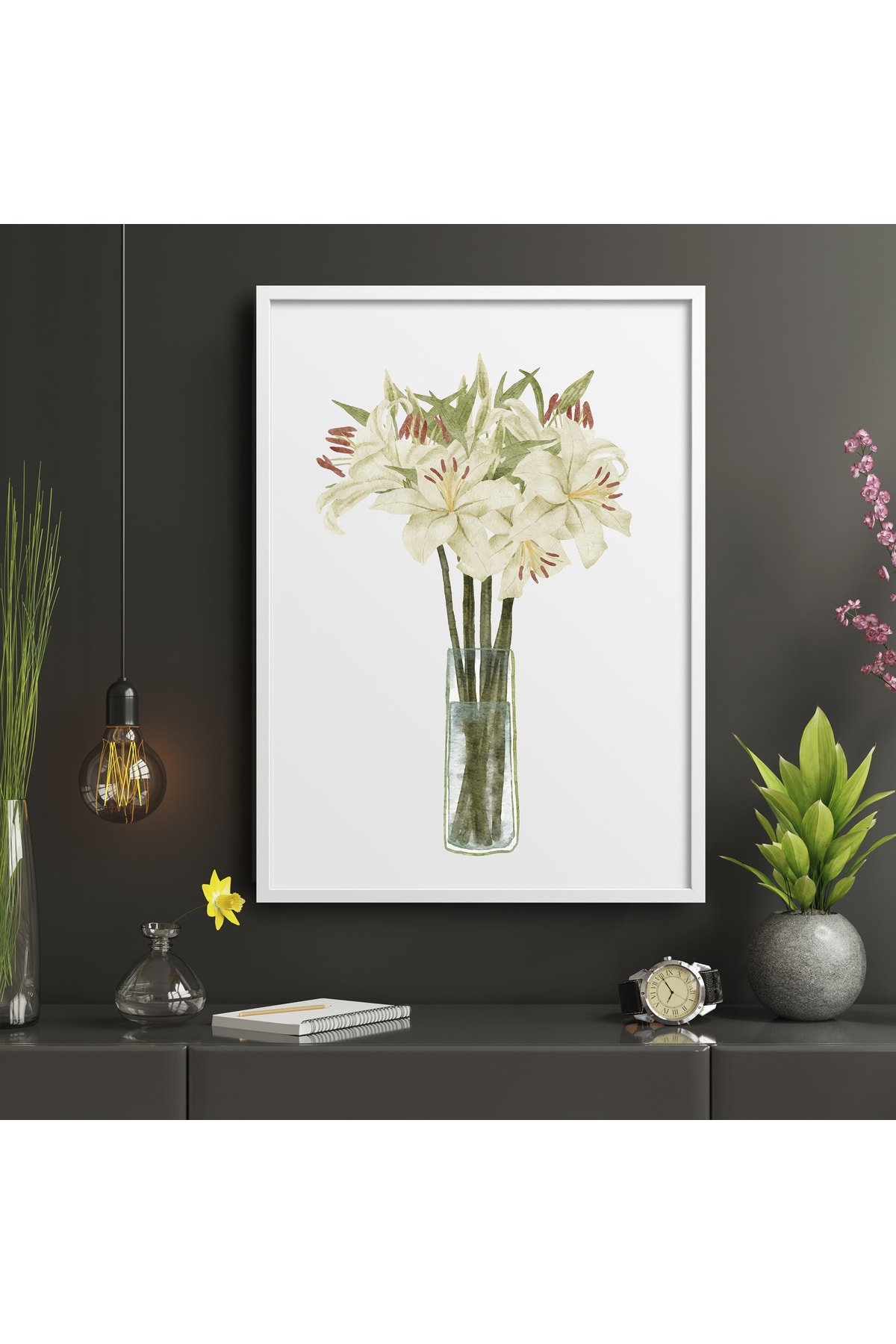 HOMEPACK Πίνακας με λευκό πλαστικοποιημένο πλαίσιο Λευκά λιλάδες Tk/006- Trendyol