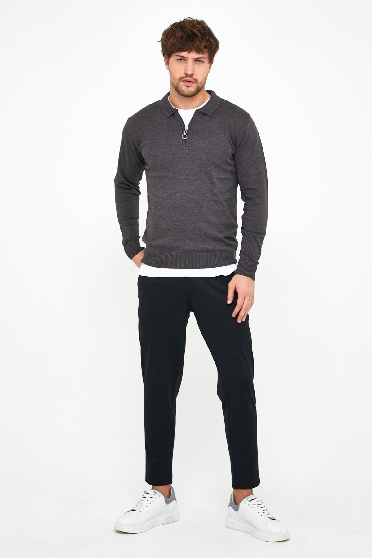 MRS CLOTHING Antrasit Erkek Polo Yaka Yünlü Kazak Yarım Fermuarlı ...