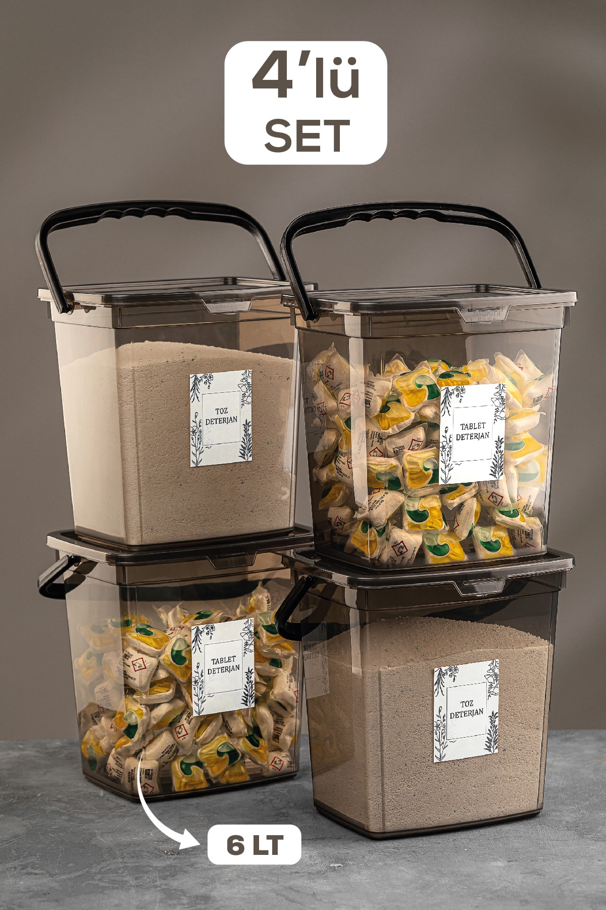 Meleni Home 4'lü Etiketli 6 Lt Deterjan Saklama Kabı - Kulplu Tablet ...
