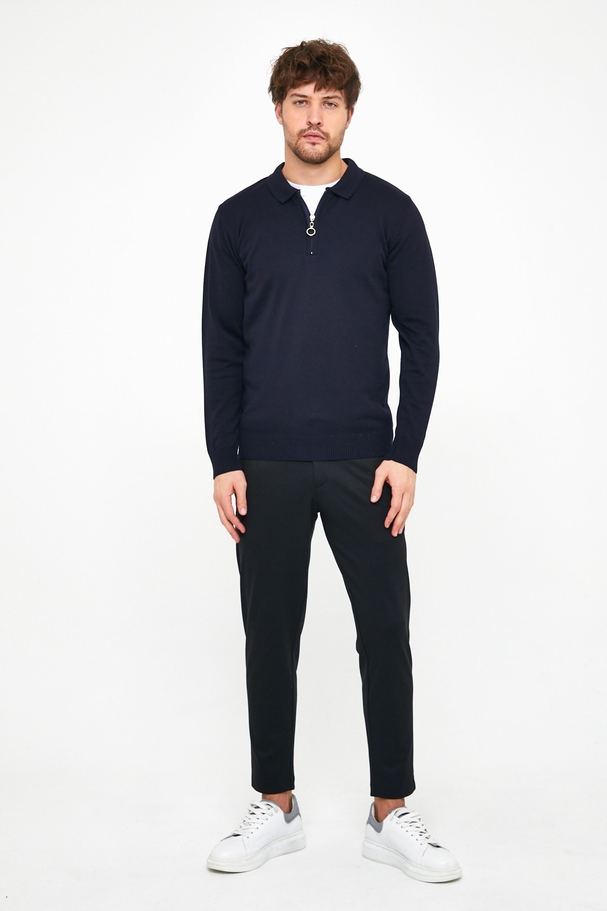MRS CLOTHING Lacivert Erkek Polo Yaka Yünlü Kazak Yarım Fermuarlı ...