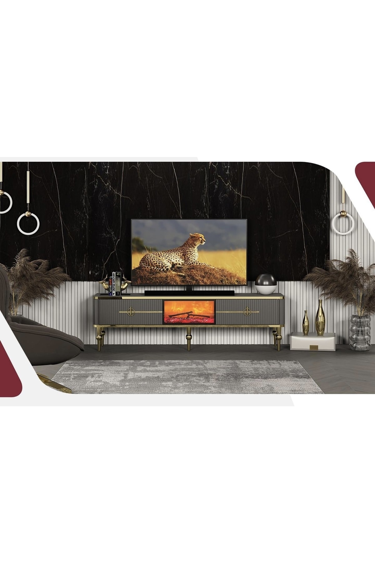 Pİ COLOR Asel Antrasit Şömineli Tv Ünitesi - Fiyatı, Yorumları