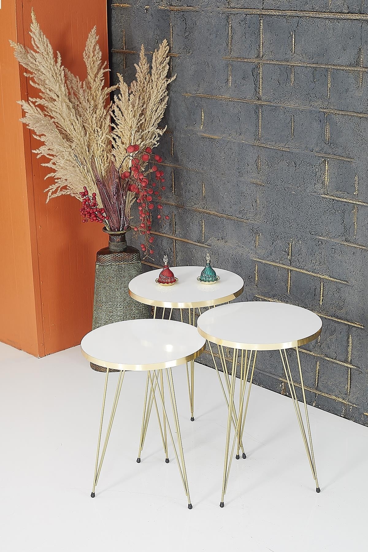 Rupon Home Decor Zigon Sehpa Takim Beyaz Yuvarlak Gold Tel Ayak Fiyatı ...