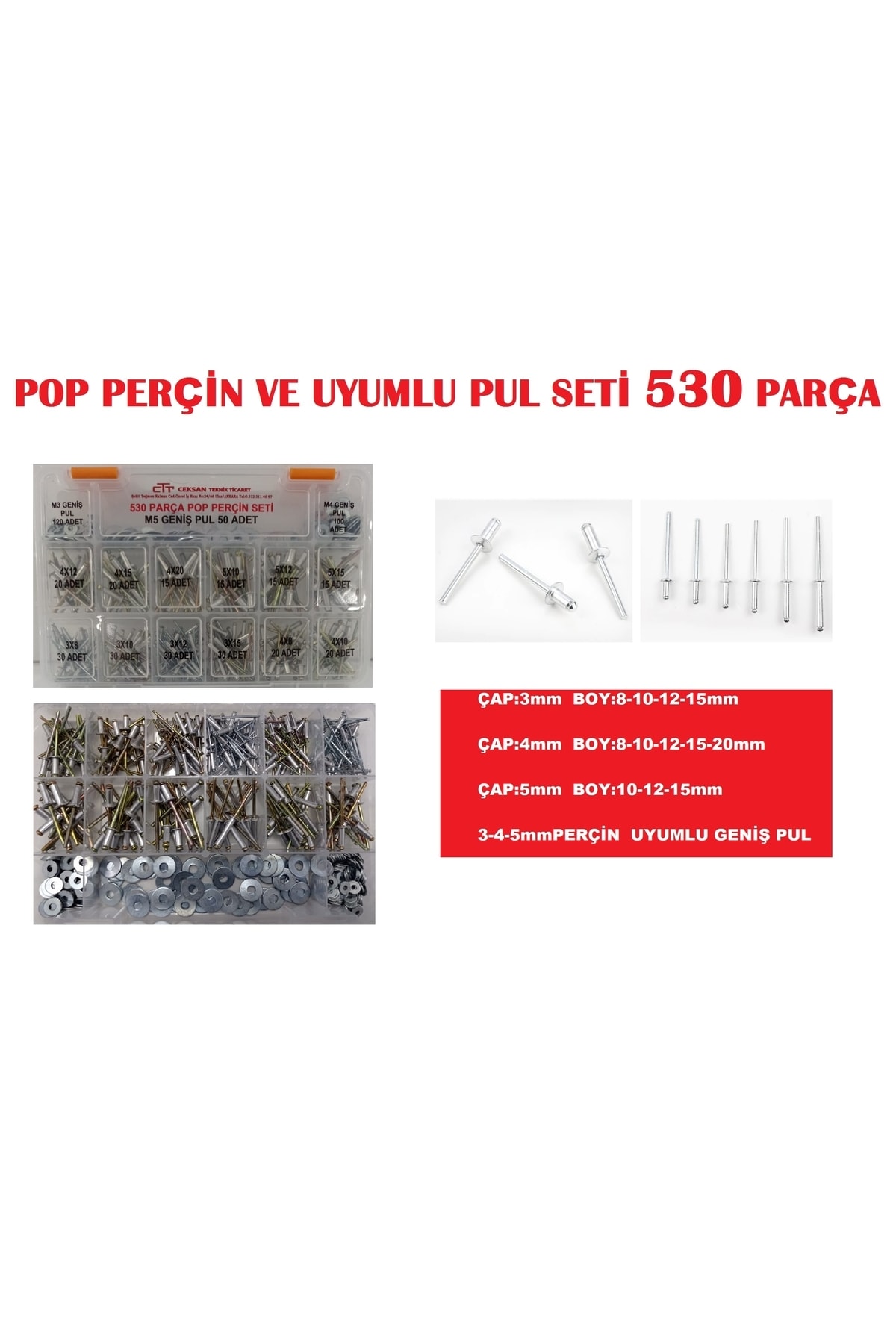 CEKSAN Pop Perçin Ve Uyumlu Pul Seti 530 Parça 3-4-5mm - Fiyatı, Yorumları