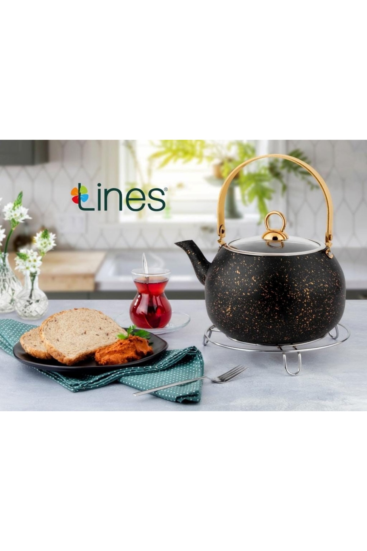 Lines Orkide Granit Tek Demlik Altın Kulp Cam Kapak - Siyah 3,5 Lt ...