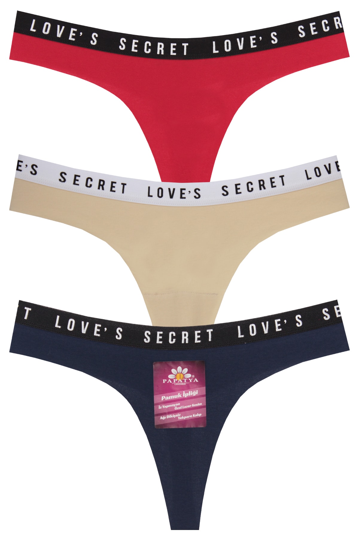 papatya lingerie 3''lü Lazer Kesim Love Secret Lastik Baskılı String ...