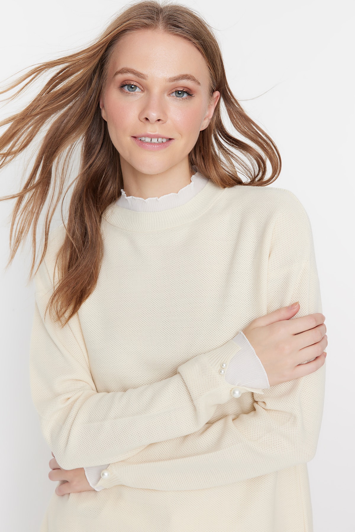 TRENDYOL MODEST Stone Sleeves Pearl Detailed Knitwear Sweater ...