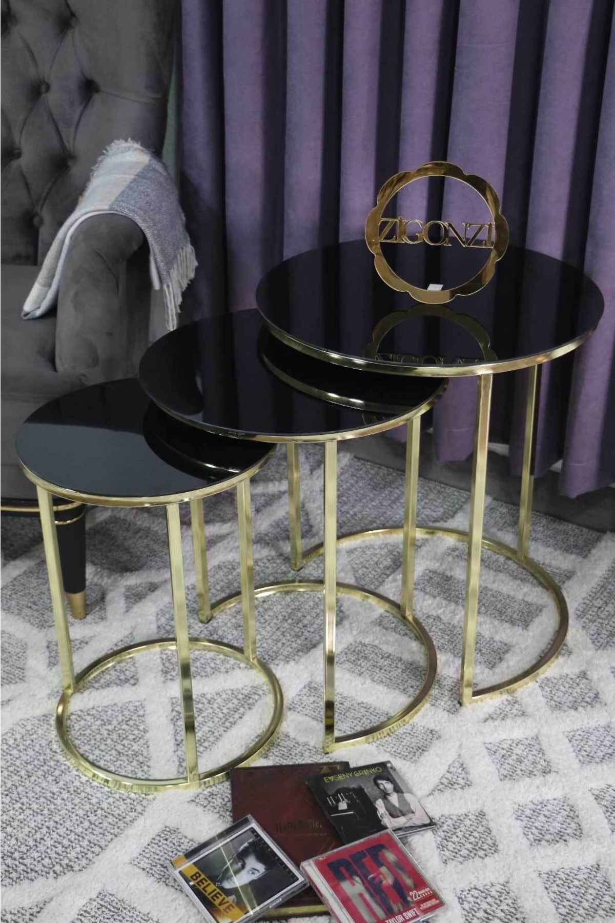 Zigonzi Üçlü Zigon Gold Ayak - Düz Siyah Temperli Cam Sehpa - Fiyatı ...