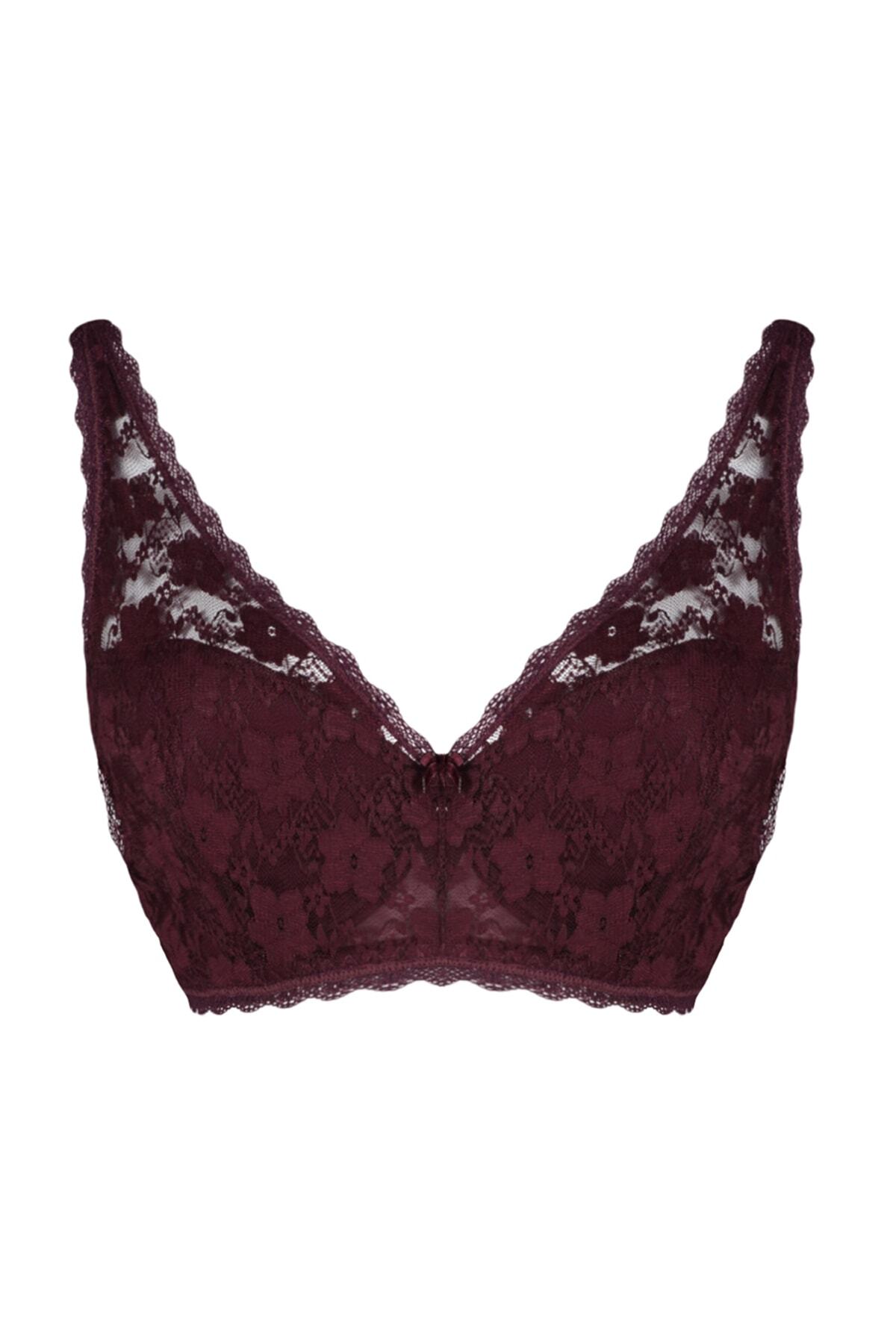 Trendyol Curve Burgundy Lace Covered Plus Size Bra Tbbaw23Cw00003- Trendyol