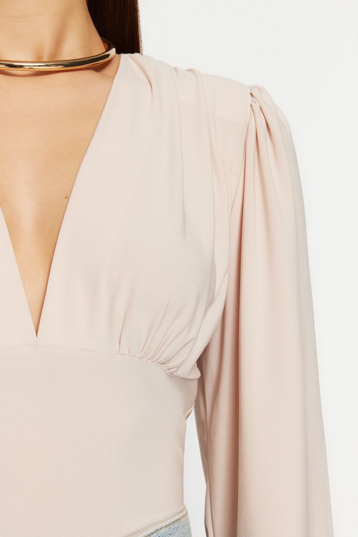 Trendyol Collection Stone Balloon Arm V-Neck Fitted/Body Fitted ...