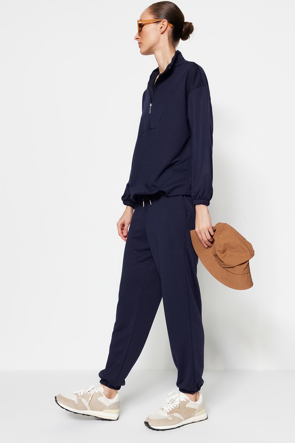 Trendyol Modest Navy Blue Stand Collar and Gathered Skirt Knitted ...