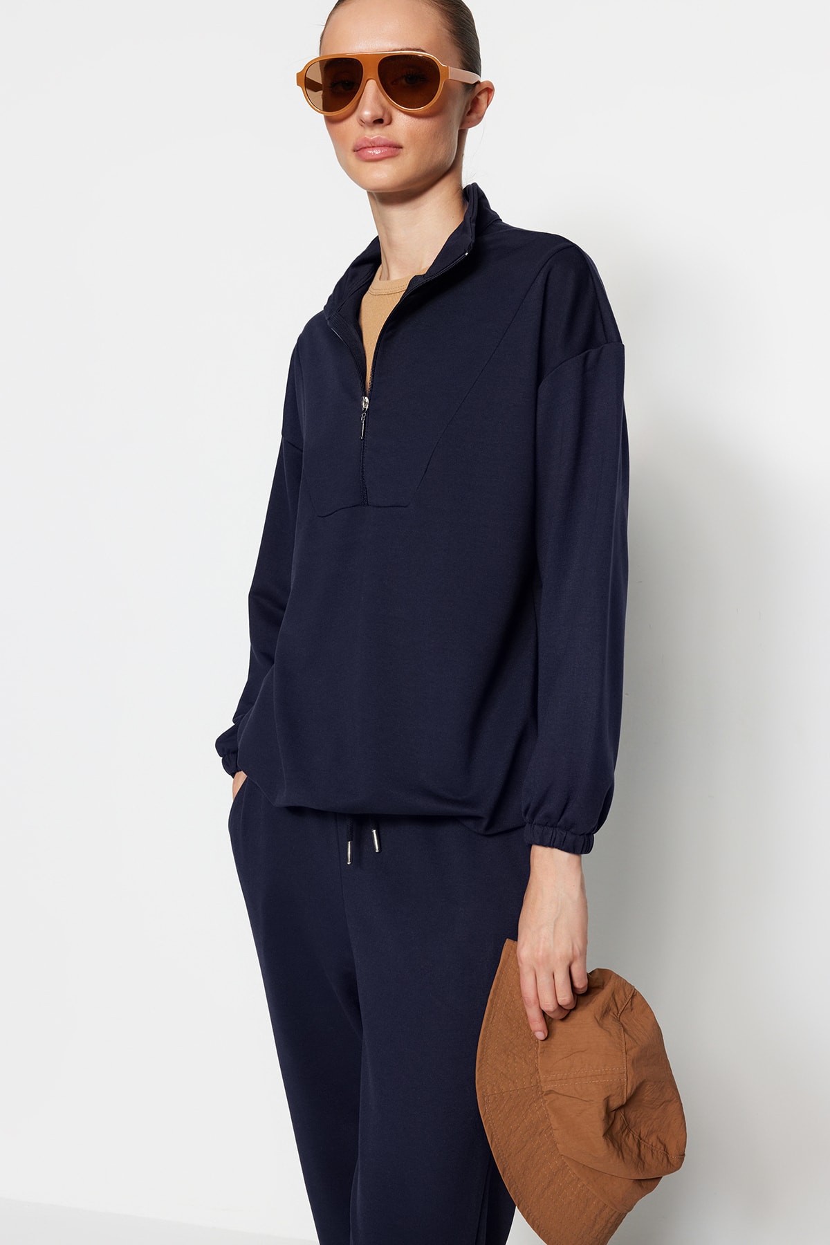 Trendyol Modest Navy Blue Stand Collar and Gathered Skirt Knitted ...