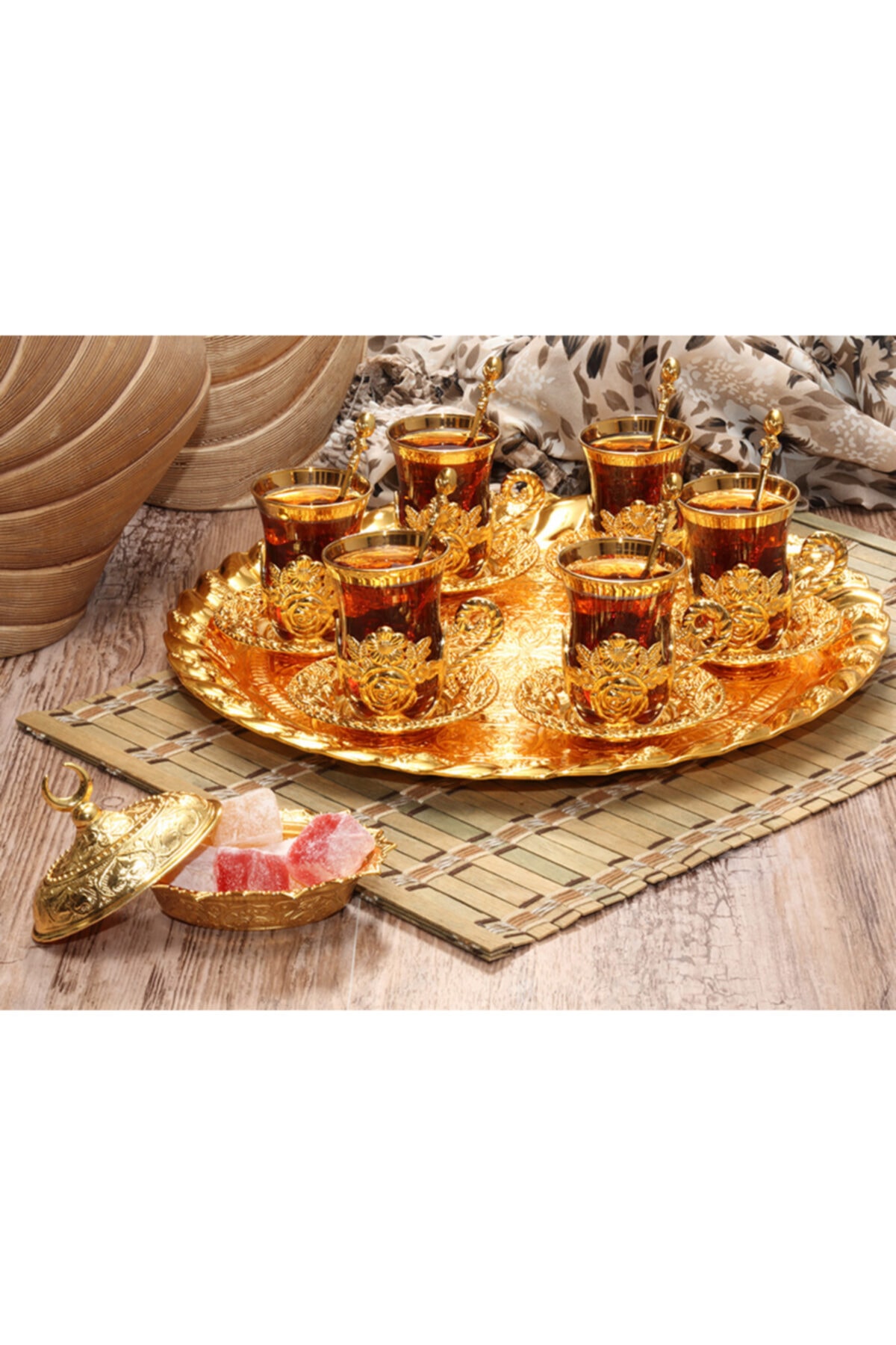 ARSAL Tiryaki Tea Set, 6 Persons, with Round Tray, Gold - Trendyol