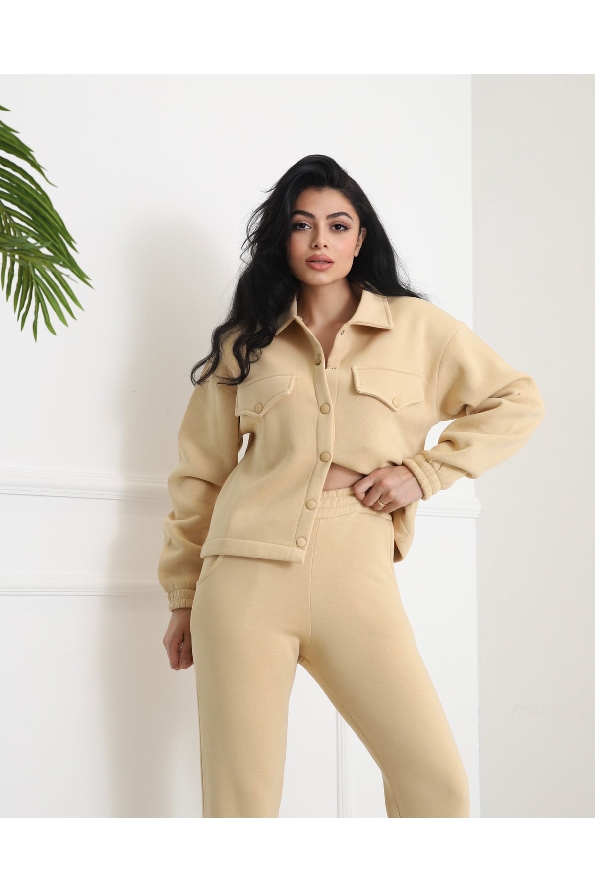 LAFARY OUTDOORS Kadın Crop Ceket Üç Iplik Şardonlu Sütlü Kahve Eşofman ...