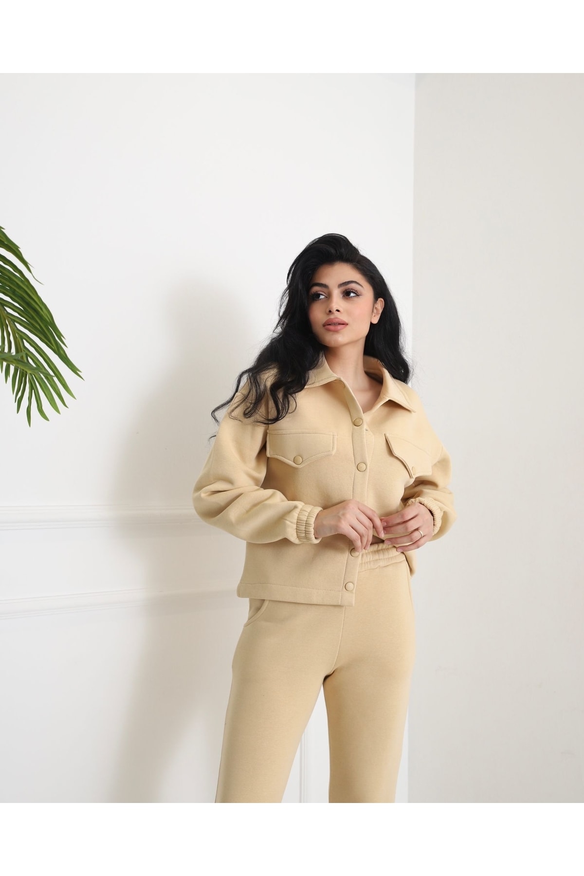 LAFARY OUTDOORS Kadın Crop Ceket Üç Iplik Şardonlu Sütlü Kahve Eşofman ...