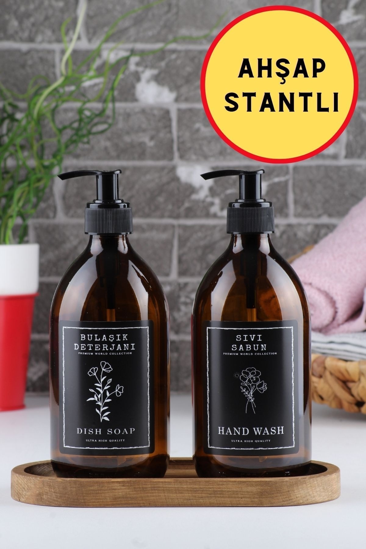 incili home Ahşap Stantlı 2'li Amber Cam Sıvı Sabun Bulaşık Deterjanı Şişesi Sabunluk 500ml Ss ...