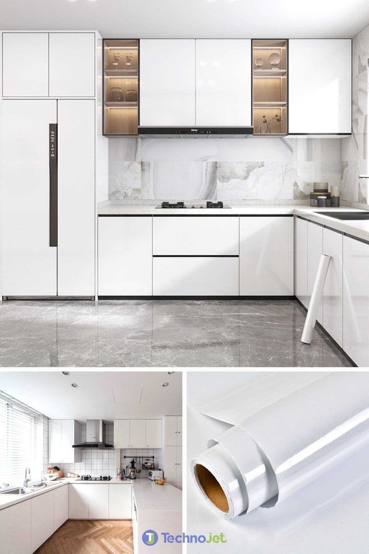 Technojet Kendinden Yapışkanlı Parlak Simli Beyaz Mutfak Banyo Tezgah Masa Kaplama (60cmx100cm ...