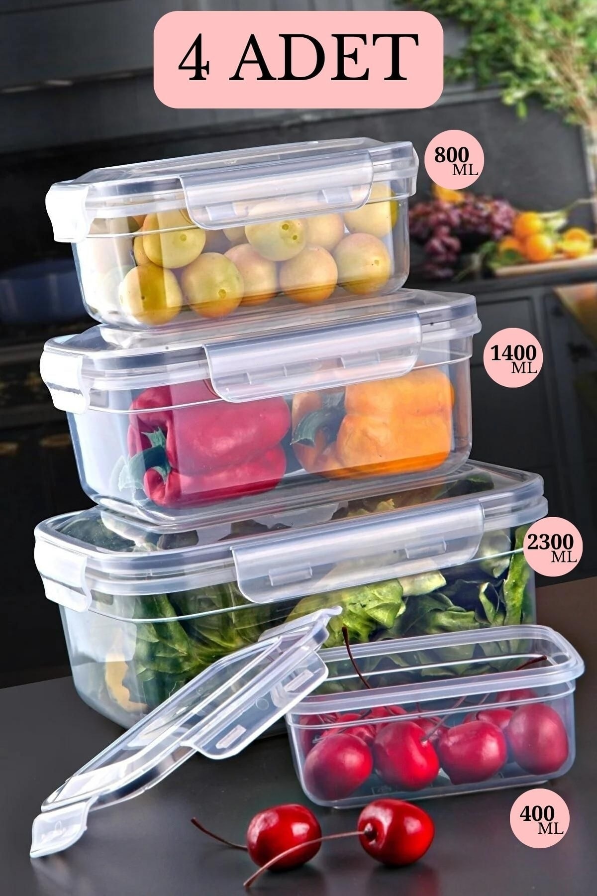 zezedesing 4'lü Set Sızdırmaz Dikdörtgen Embox Saklama Kabı Şeffaf 400ml-800ml-1400ml-2300ml ...