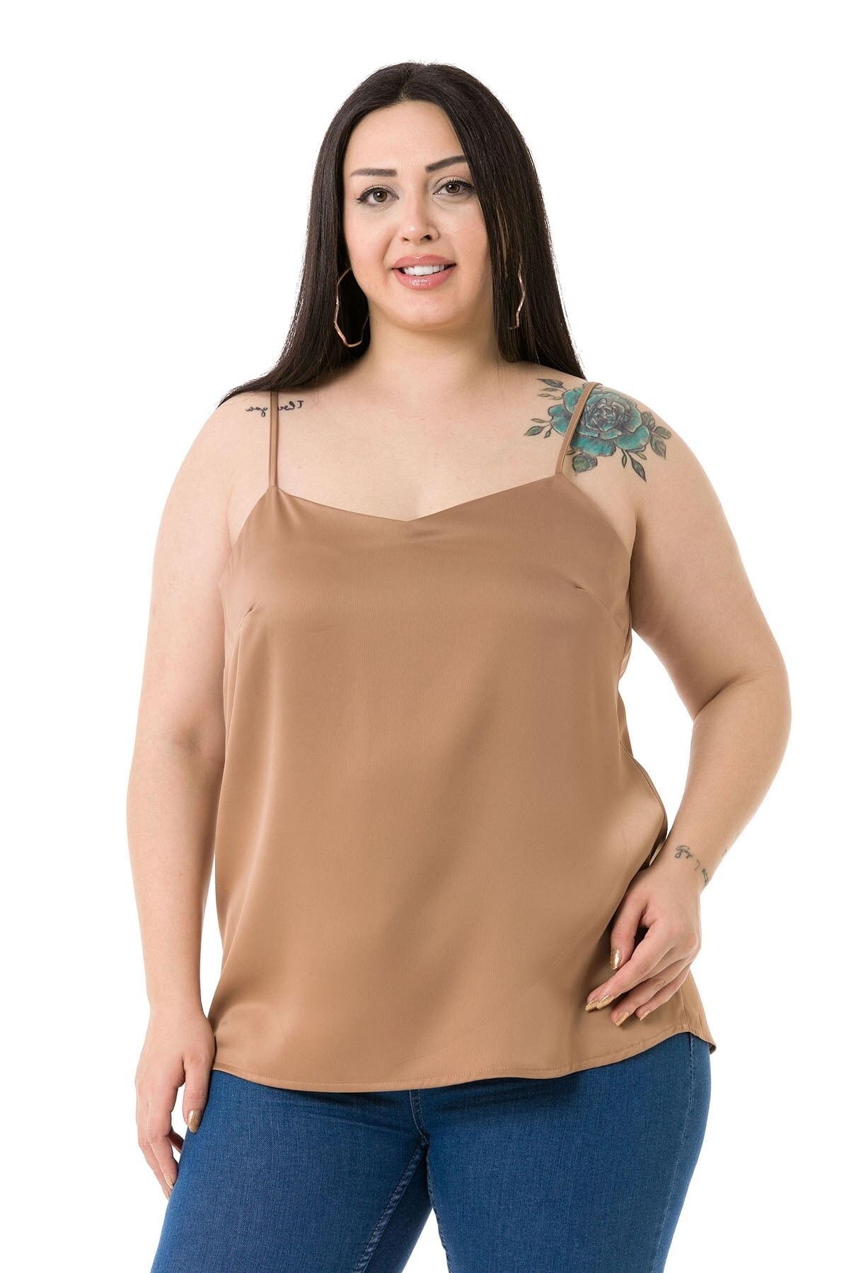 DISENTIS MODEST Büyük Beden Ayarlanabilir Ince Askılı Saten Vizon Bluz ...