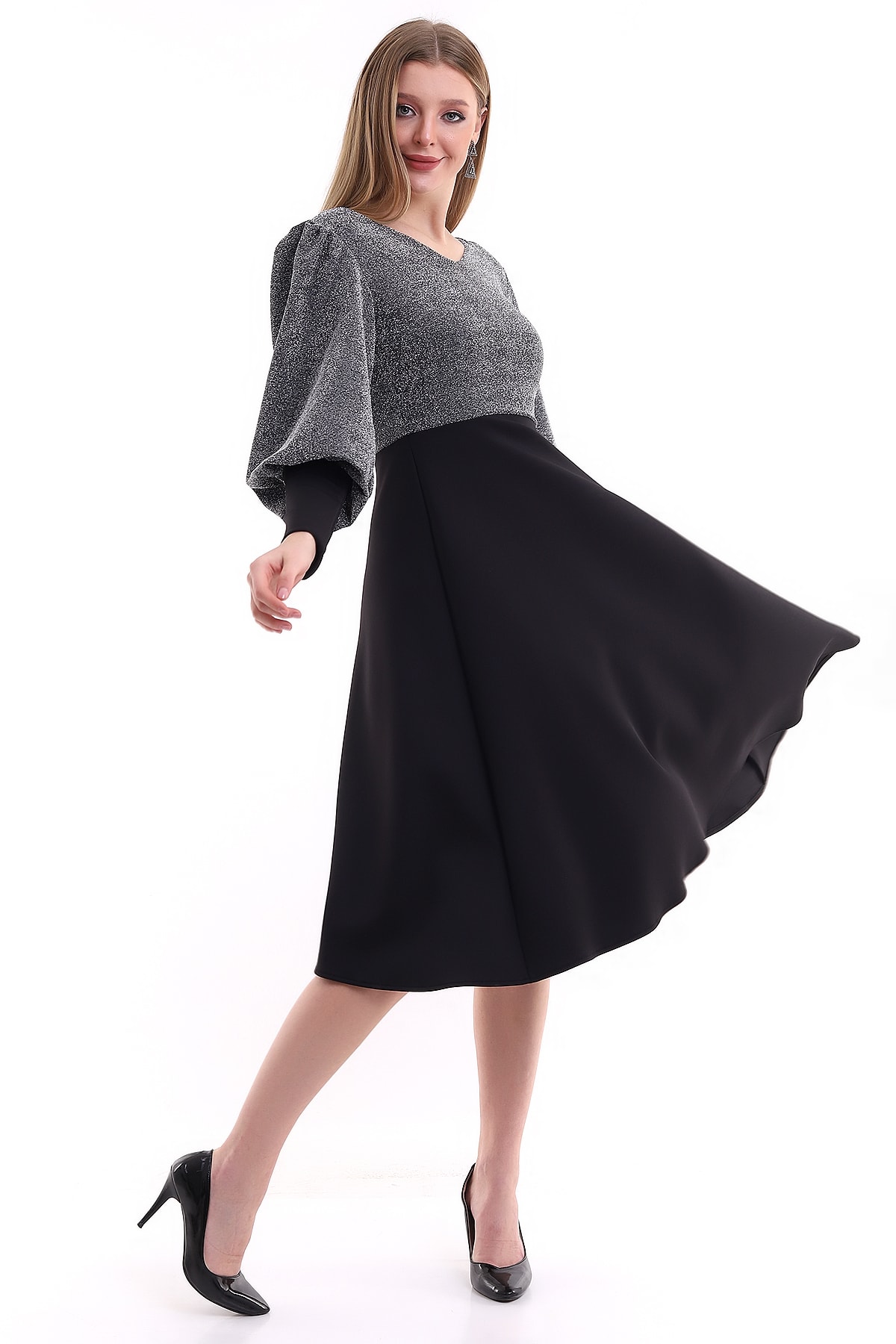 Rokka Moda Silver Balloon Sleeve Midi Dress- Trendyol