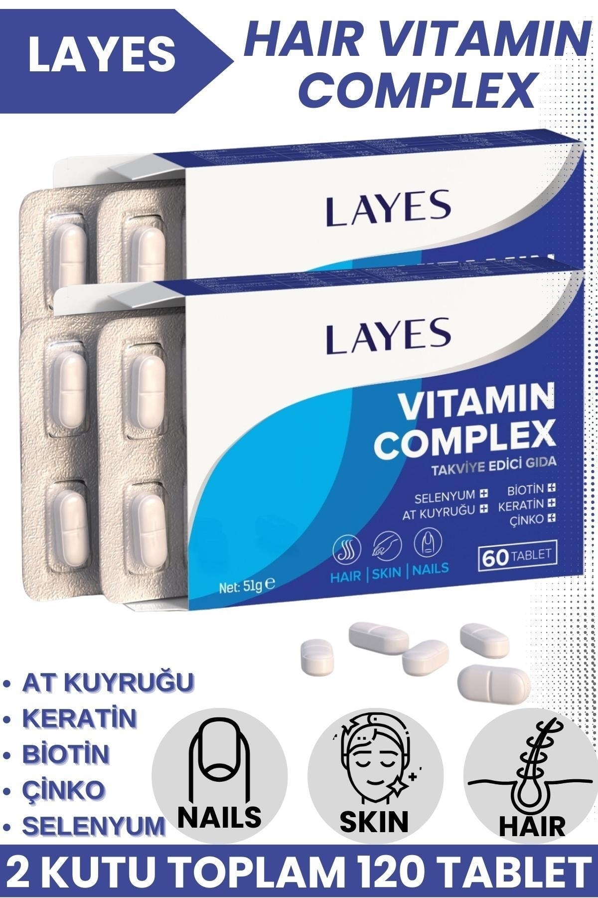 Layes Multivitamin 60 Tablet Biotin Keratin Çinko D3 At Kuyruğu ...