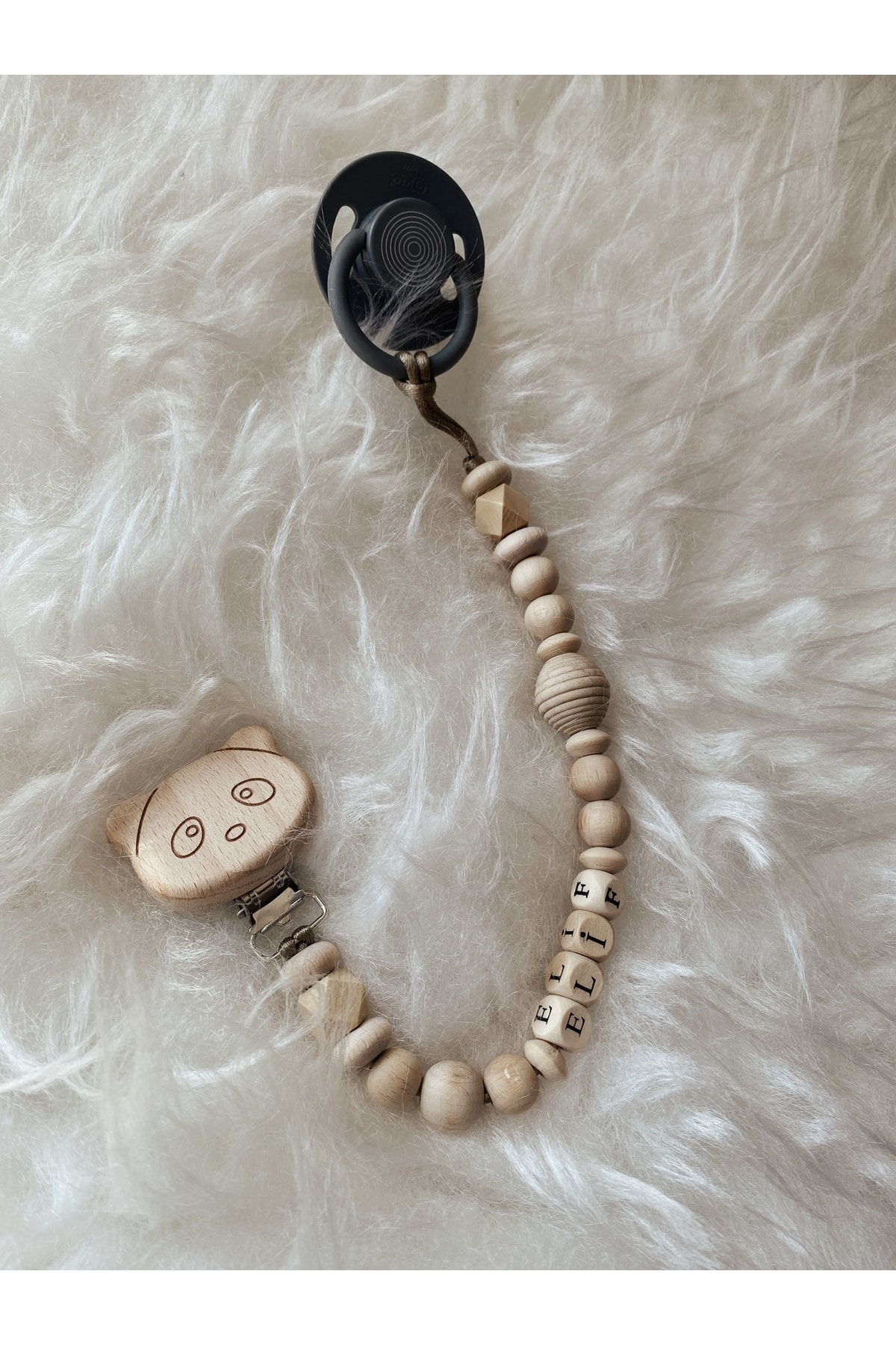 GOER STORE Panda Detaylı %100 Doğal Ahşap Isımlı Bebek Emzik Zinciri ...