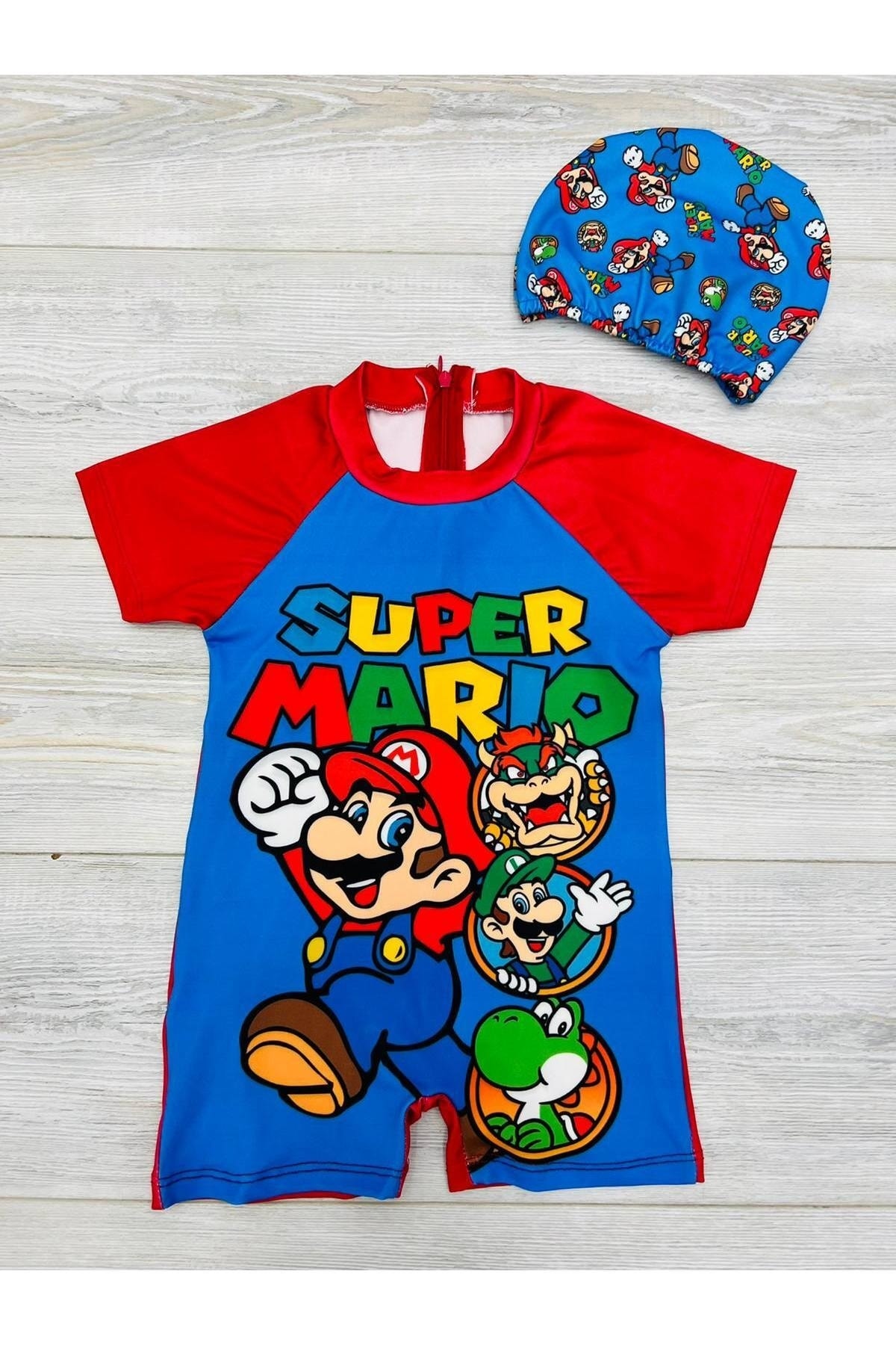 pistyle Erkek Çocuk Süper Mario Desenli Kırmızı Tam Vucud Mayo Ve Bone ...