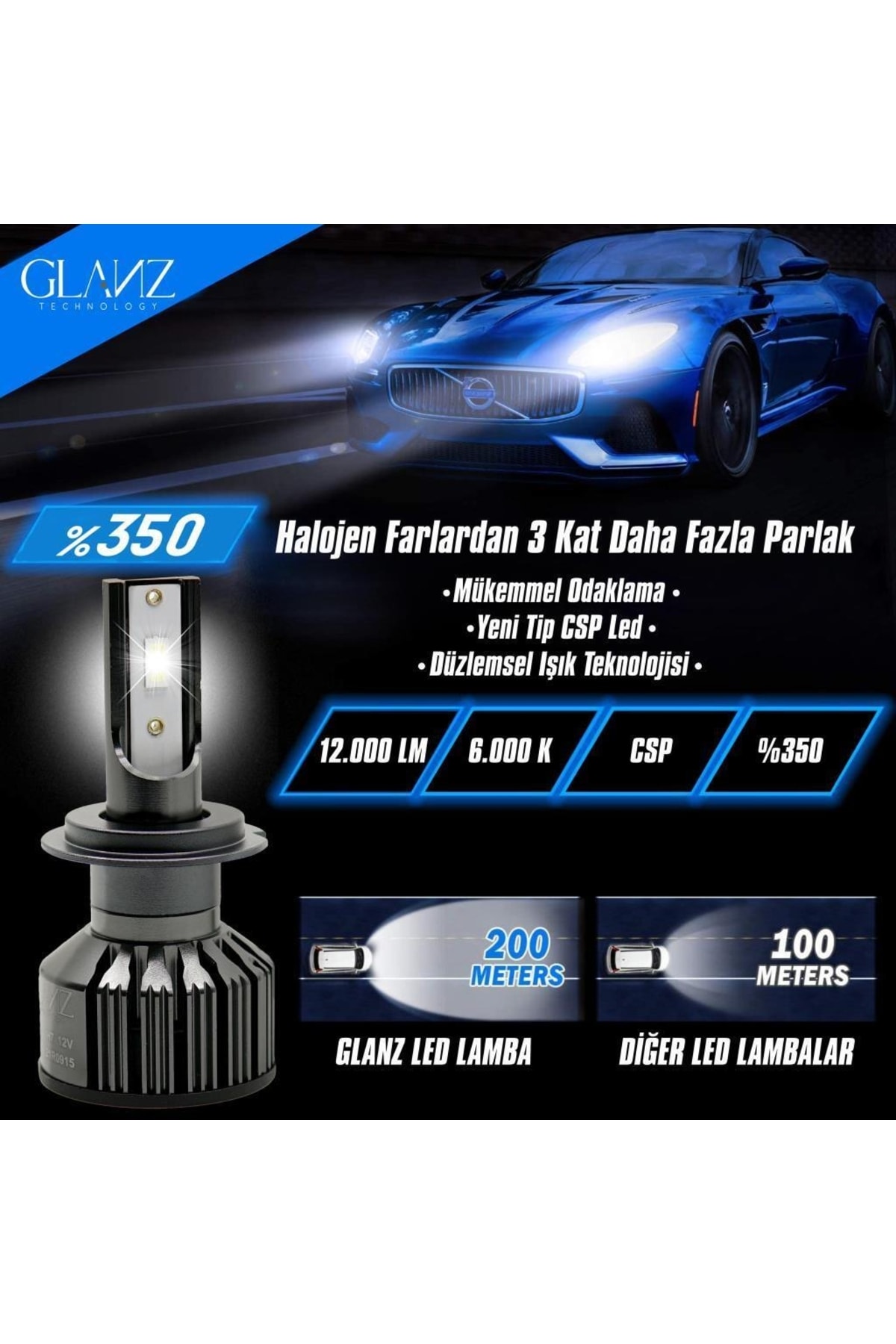 Glanz Kona Şimşek Etkili Mini Csp 12000lm Beyaz Led Xenon Far Ampulü ...