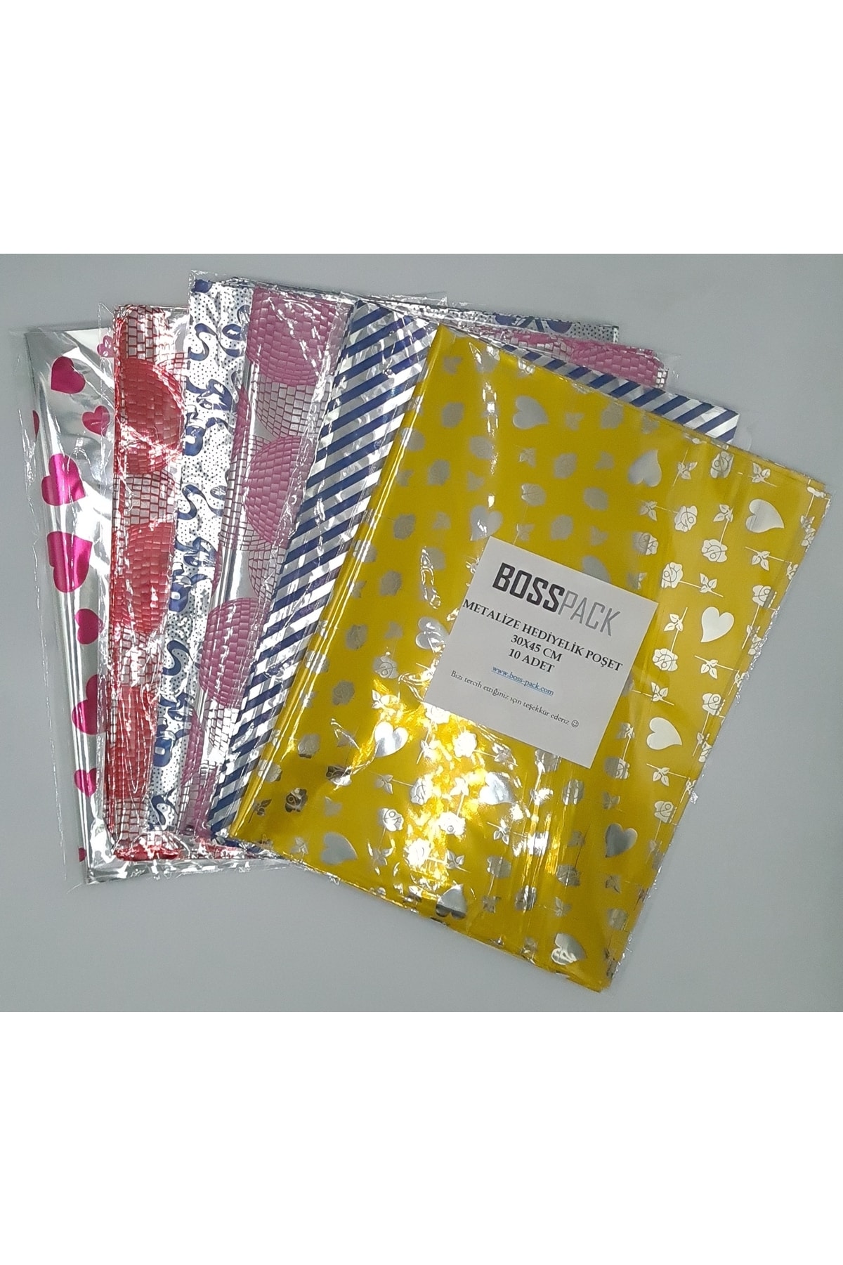 BossPack Metalize Bantlı 30x45 cm Jelatin Hediye Poşeti 10 Adet Desenli Hediye Poşeti Fiyatı ...
