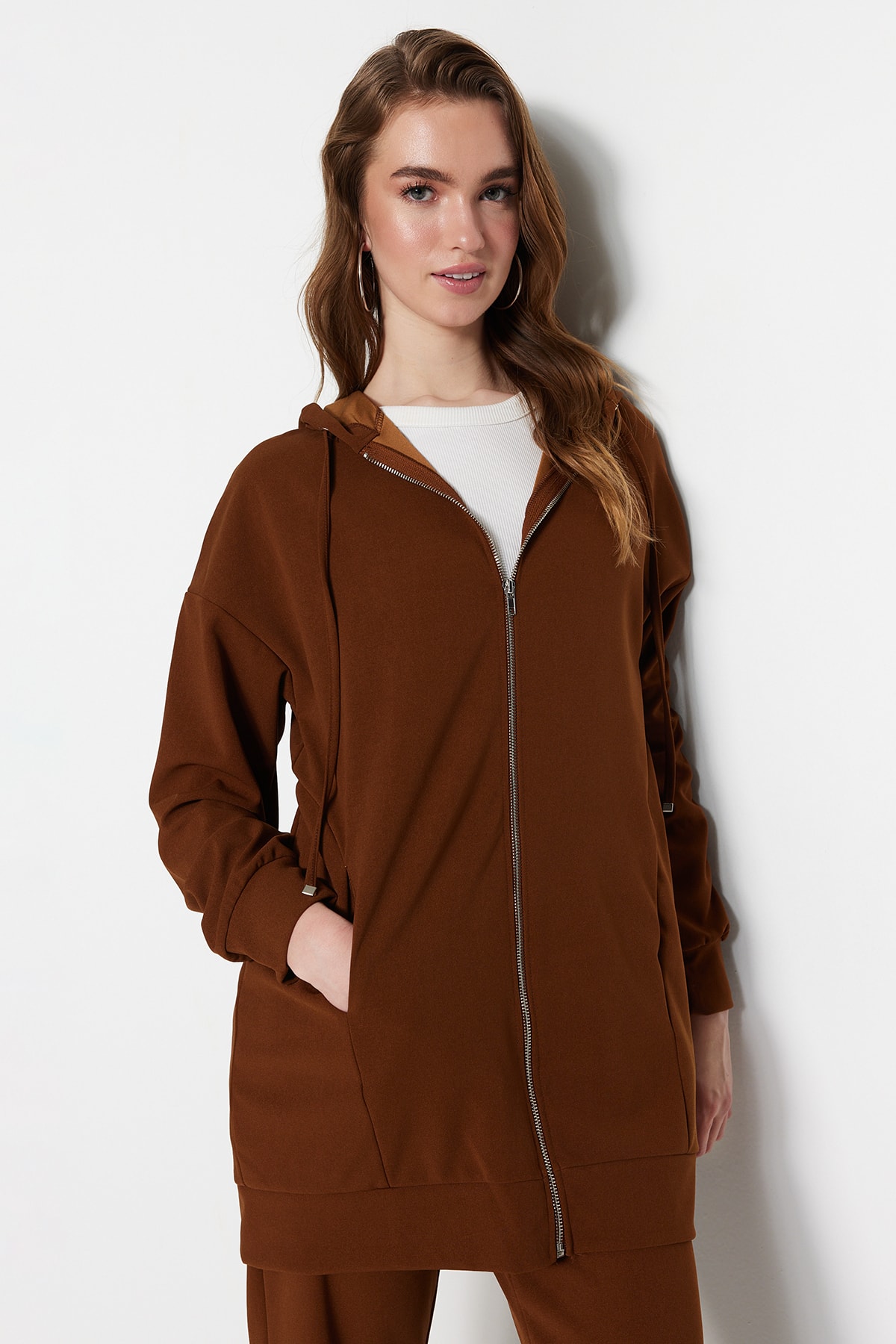 TRENDYOL MODEST Set cardigan maro supradimensionat cu glugă și ...