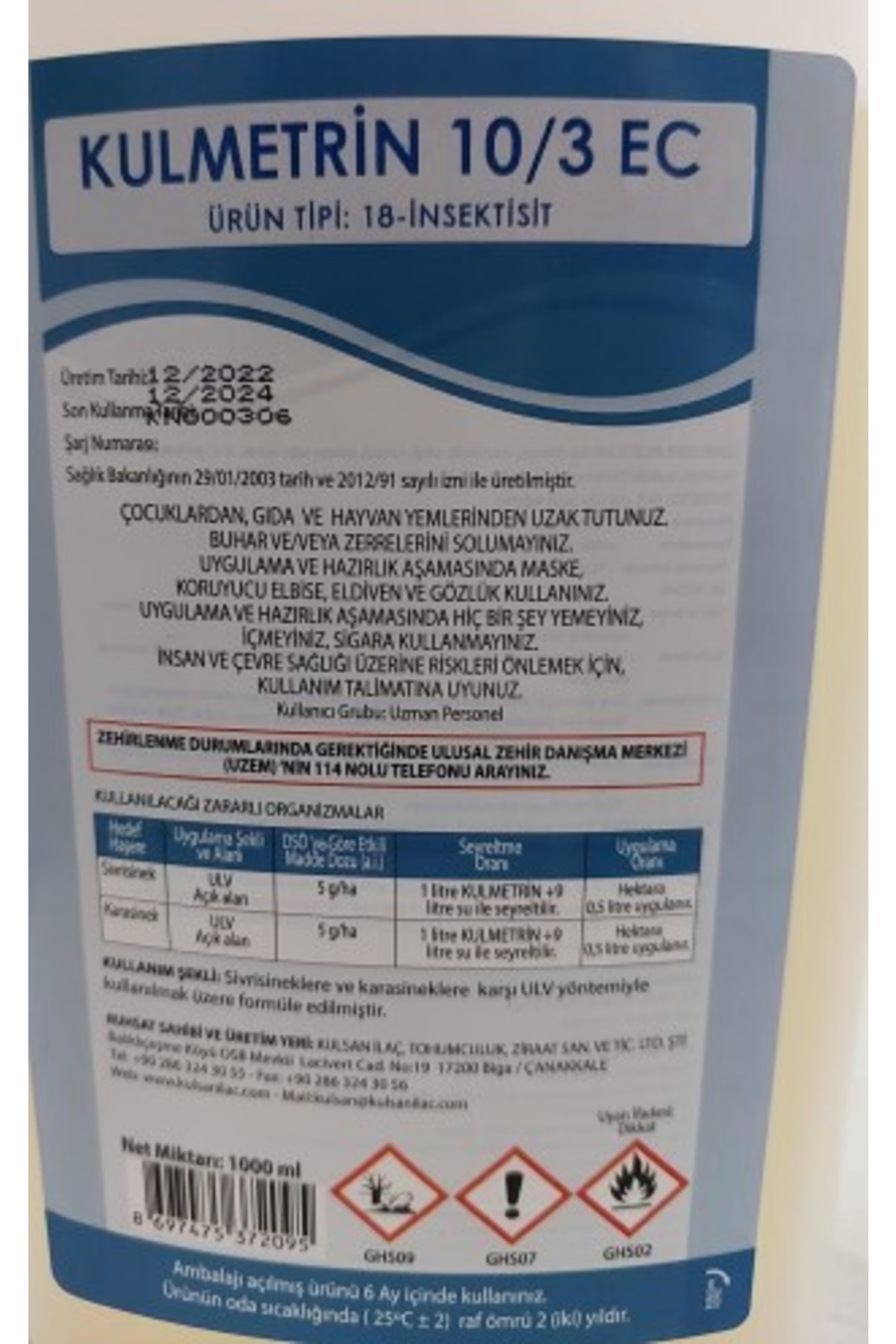 Kulsan İlaç Kulmetrin 10/3 ec genel amaçlı haşere ilacı 1 litre (Kokulu ...